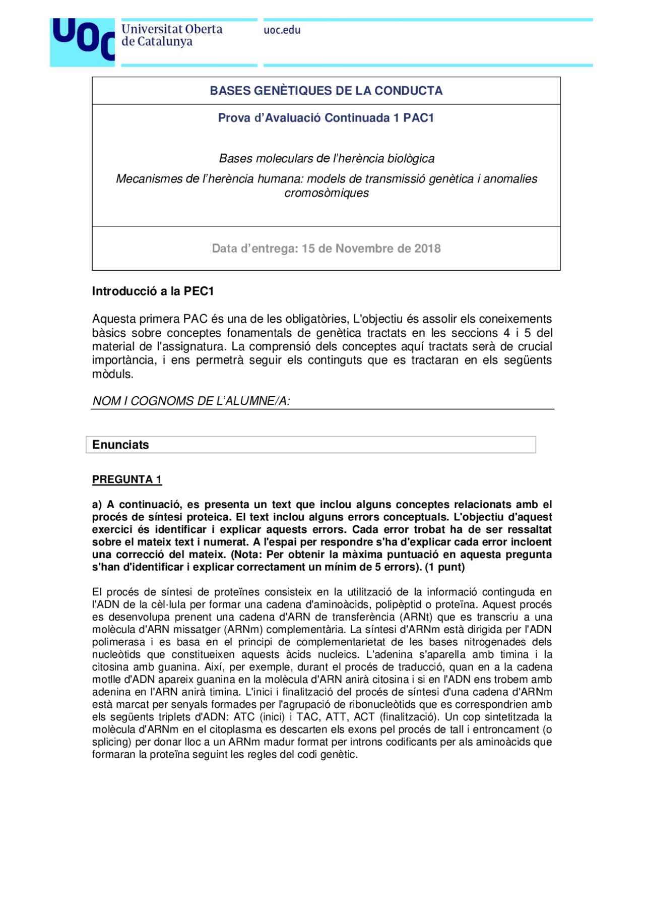 Pac1 Bases Genètiques De La Conducta Docsity