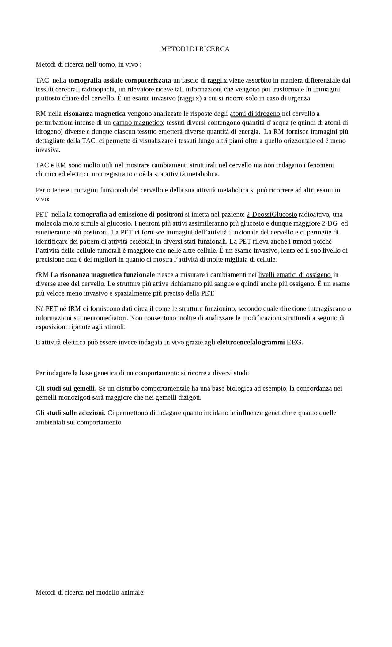 Metodi Di Ricerca In Psicobiologia Docsity
