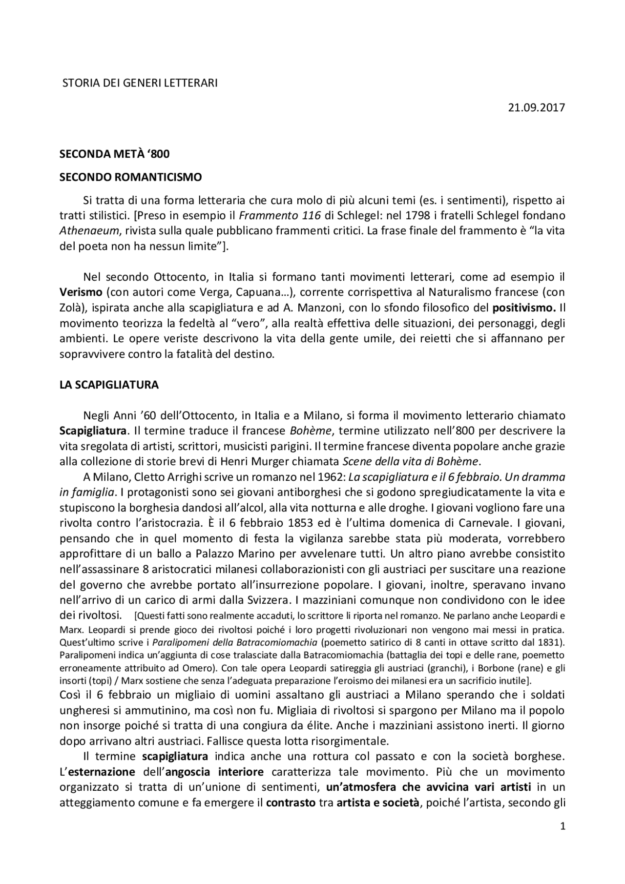 Storia Dei Generi Letterari Docsity
