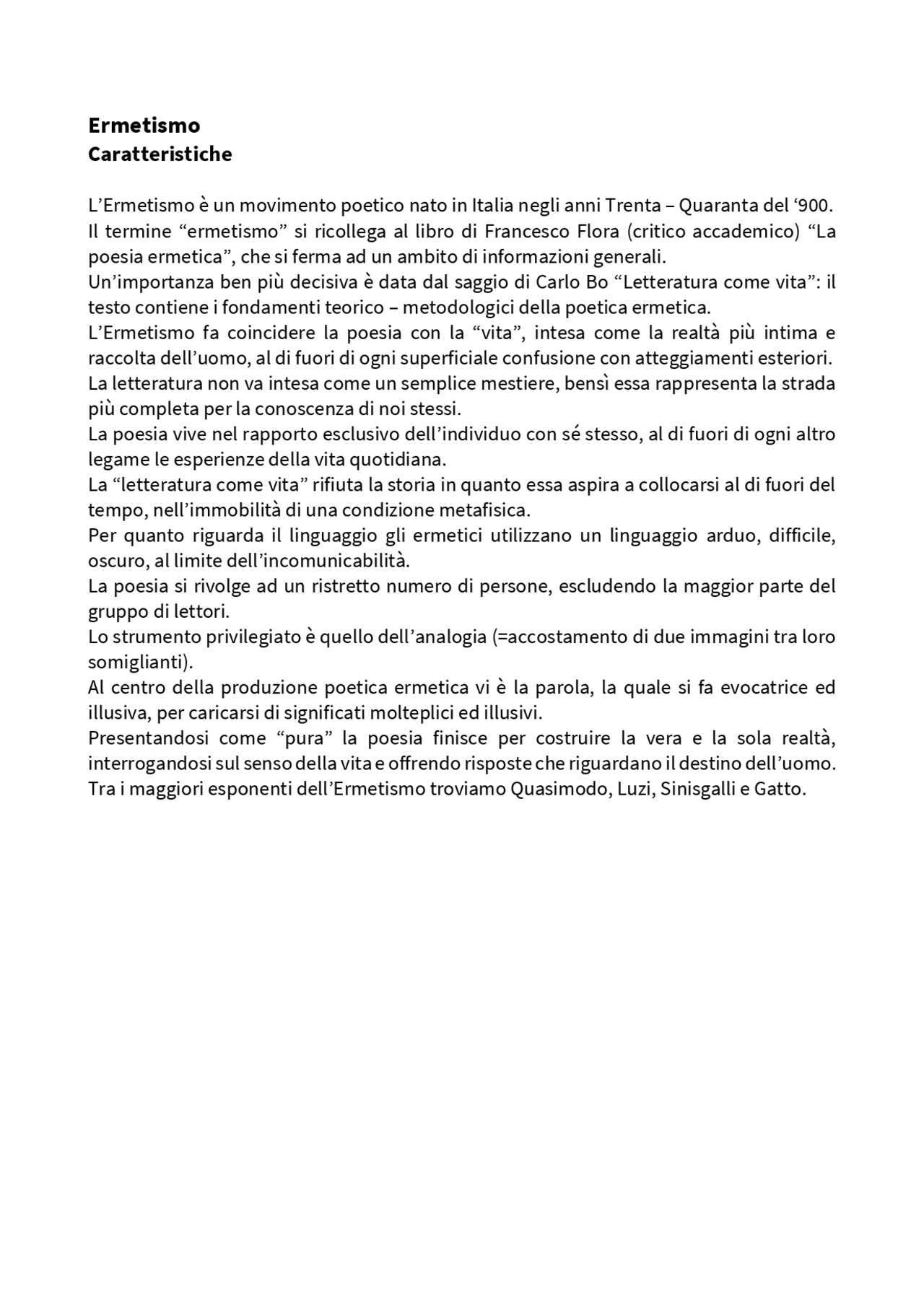 Ermetismo, movimento letterario | Appunti di Italiano | Docsity