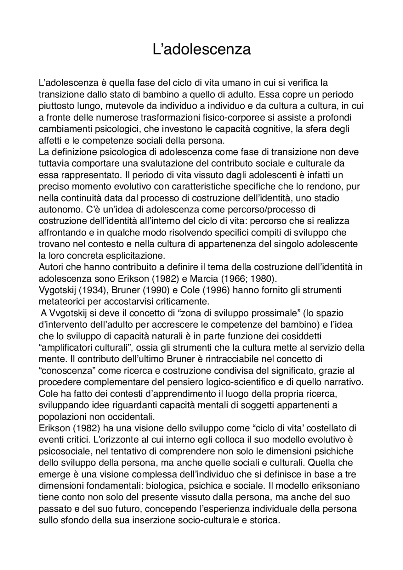 Riassunto Delladolescenza Docsity