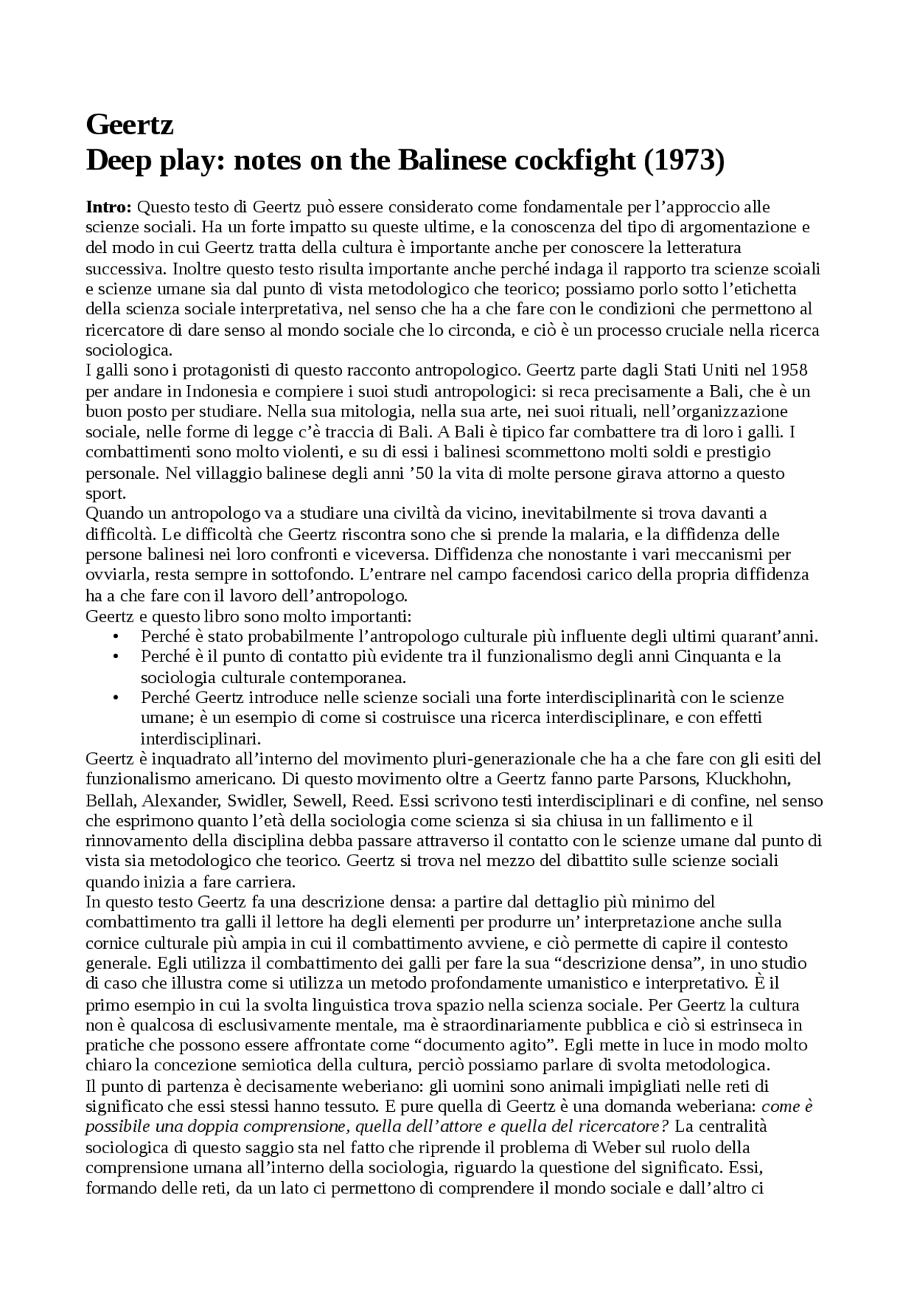 Geertz Combattimento Di Galli Docsity