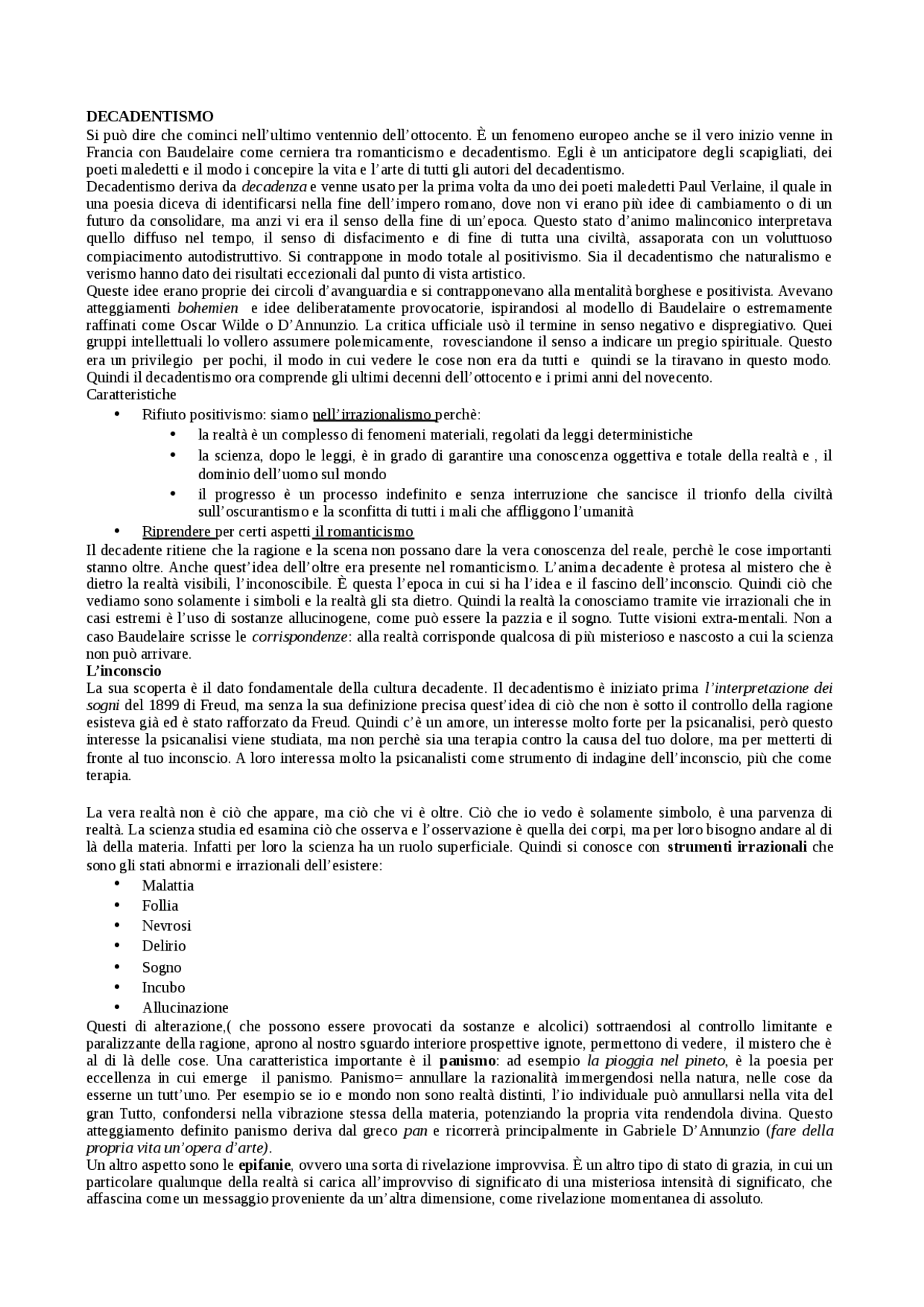 Il Decadentismo Temi E Poeti Docsity