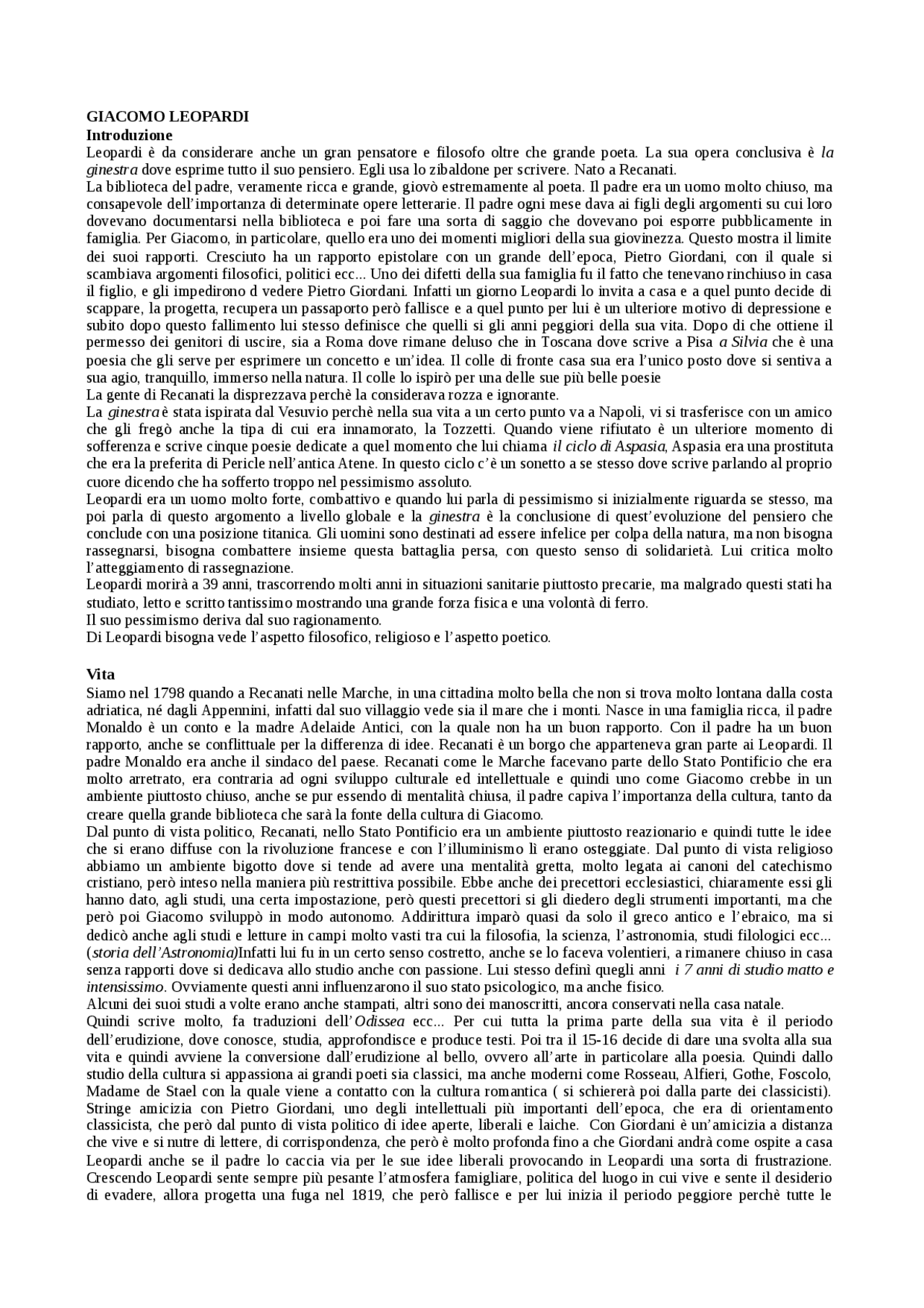 Appunti Su Giacomo Leopardi Appunti Di Lingue E Letterature Classiche