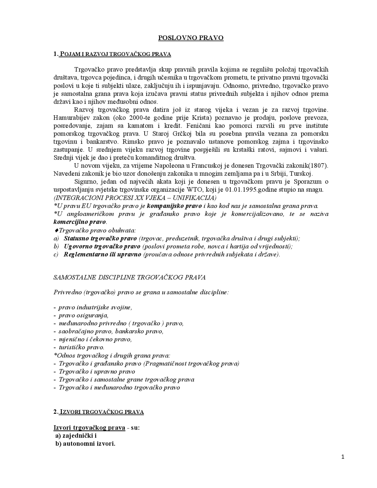 Poslovno Pravo Pojam I Razvoj Trgovačkog Prava Skripte Predlog