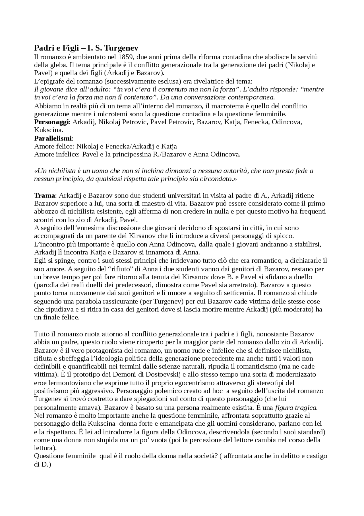 Padri E Figli Turgenev Docsity
