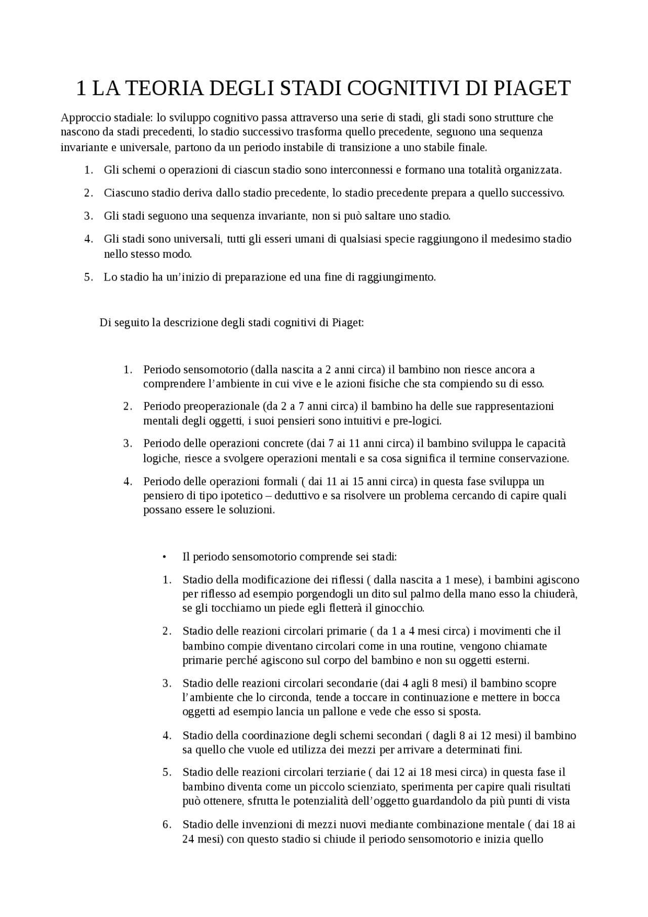 1 La Teoria Degli Stadi Cognitivi Di Piaget Docsity