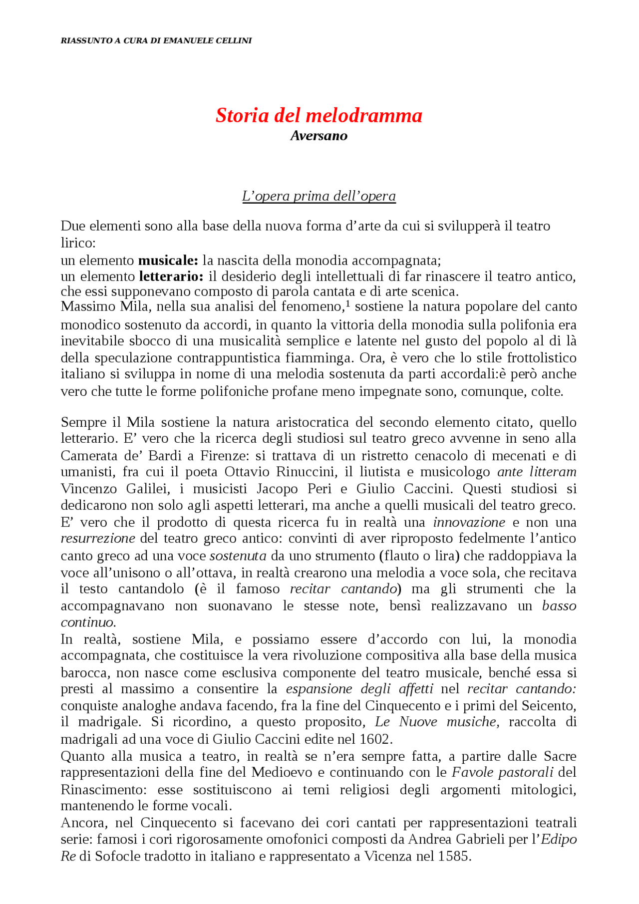 Luca Aversano - Storia del melodramma - Docsity