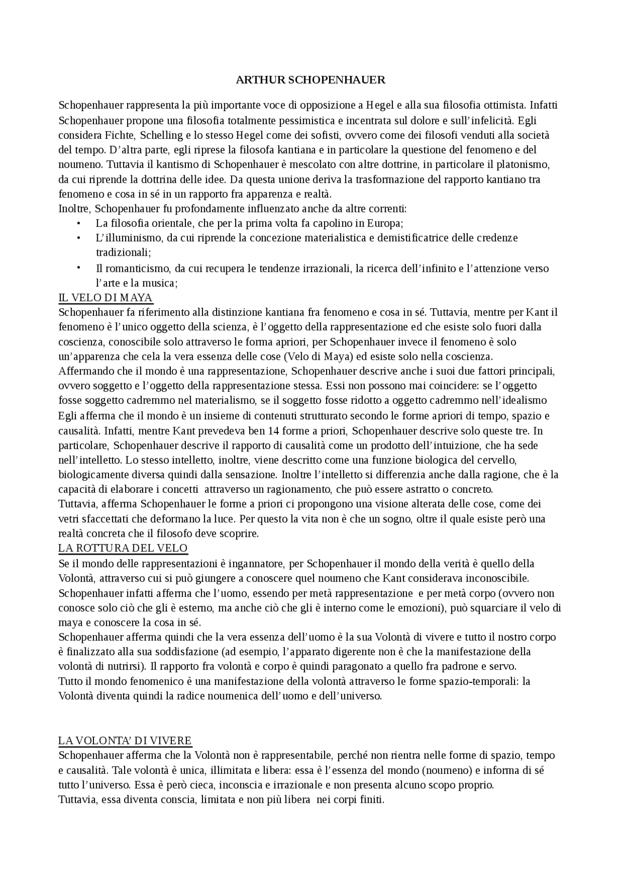 Riassunto Su Arthur Schopenhauer Docsity