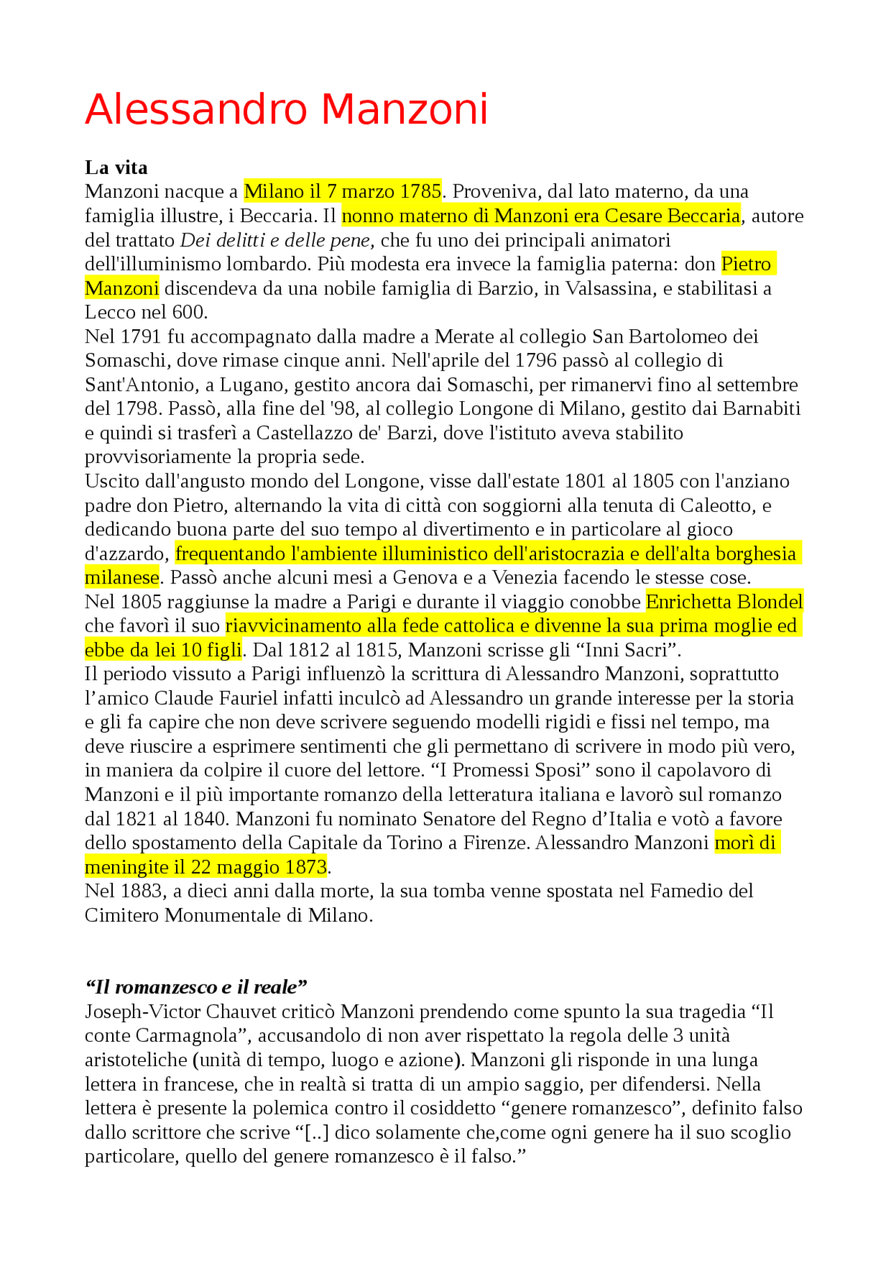 Alessandro Manzoni riassunto - Docsity