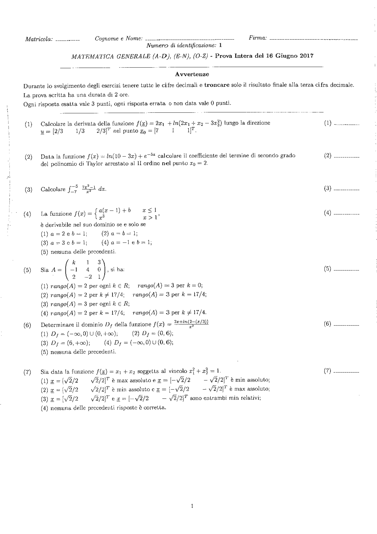 Esame Matematica Generale Docsity