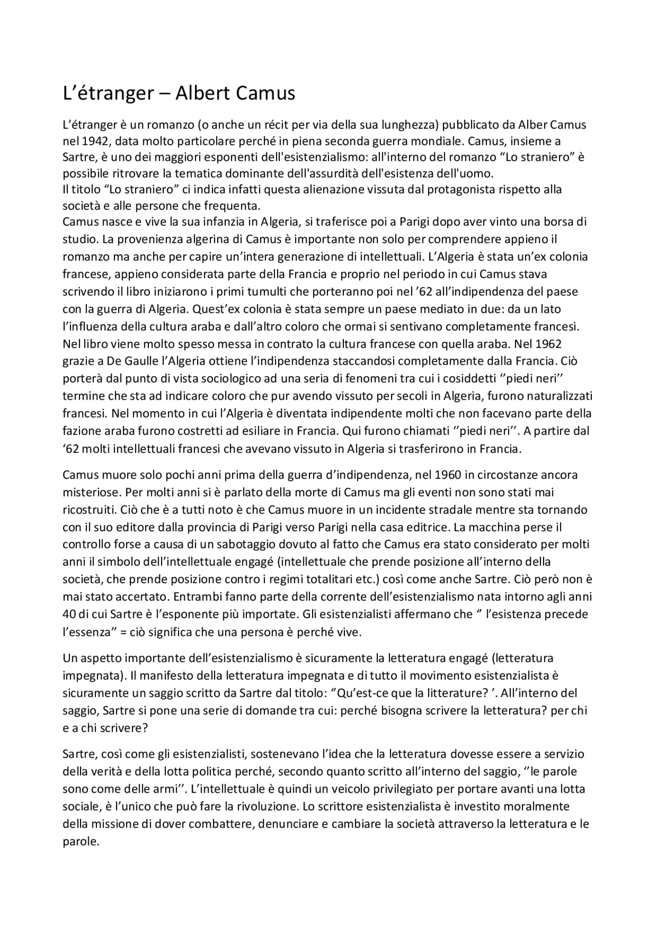 L'ETRANGER -ALBERTO CAMUS | Summaries French Language | Docsity