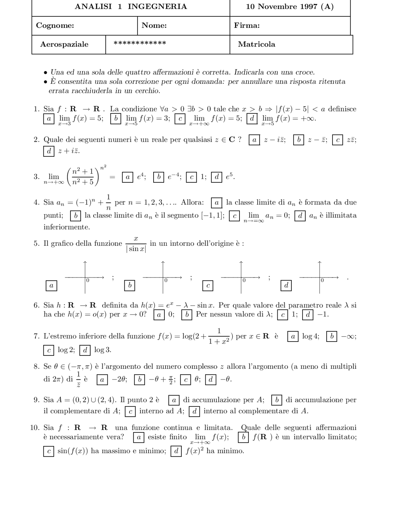 Analisi I Esami Passati Test Scelta Multipla Docsity