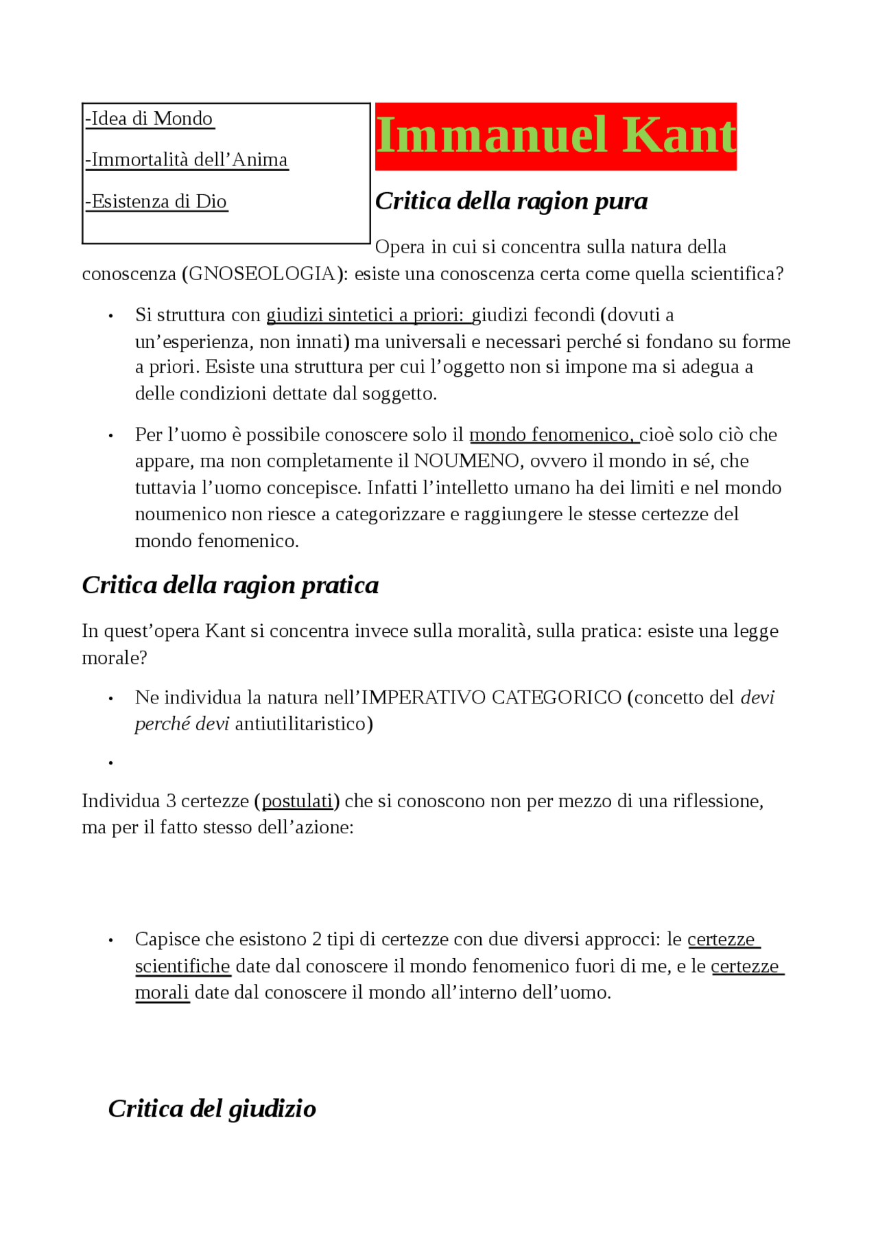 Kant Schema Riassuntivo Del Filosofo Docsity