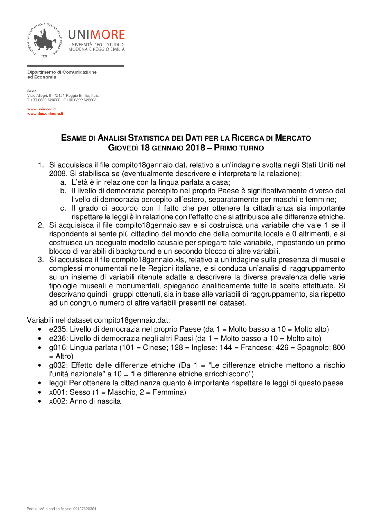 Esame 18 Gennaio Spss Docsity