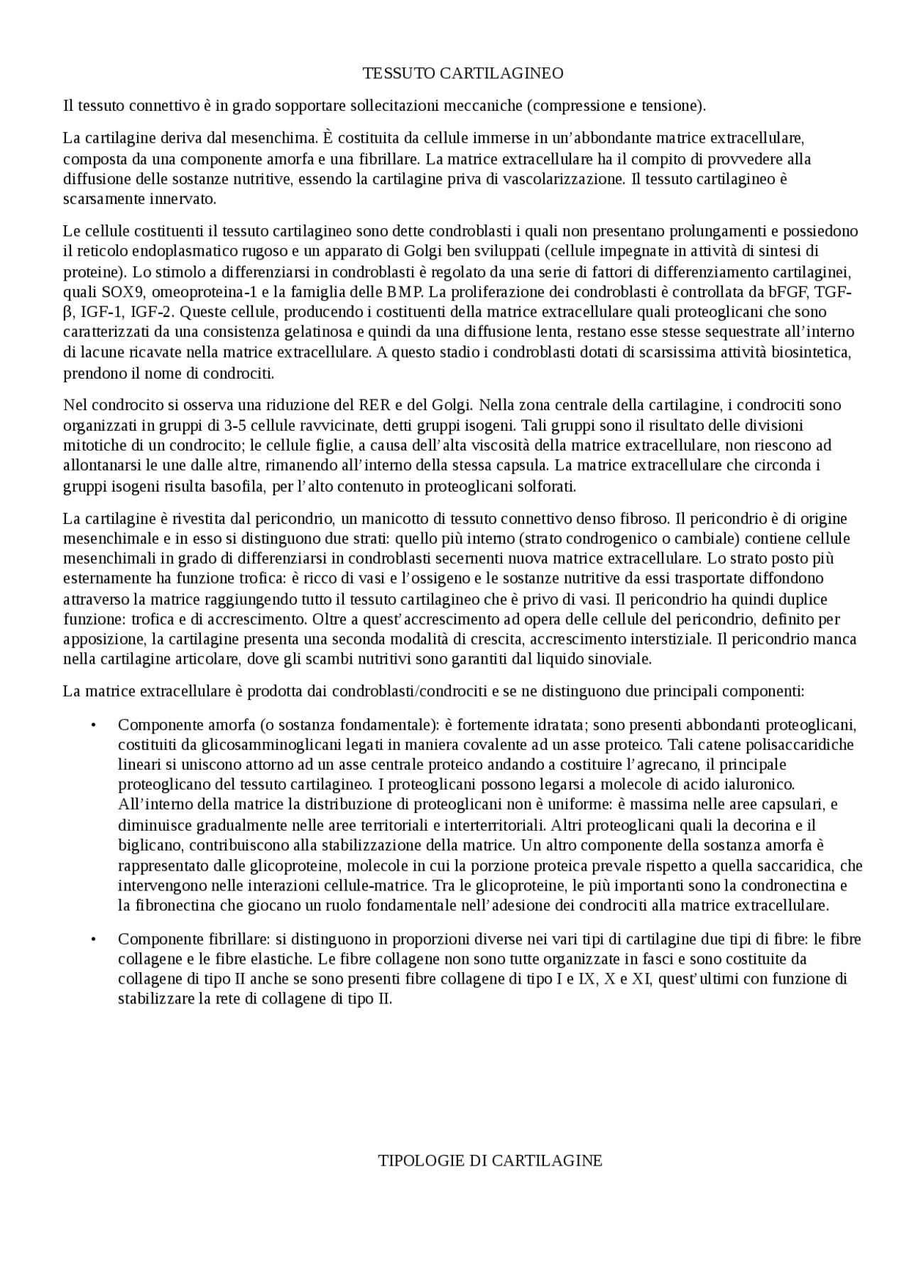 Riassunto Istologia Tessuto Cartilagineo Docsity