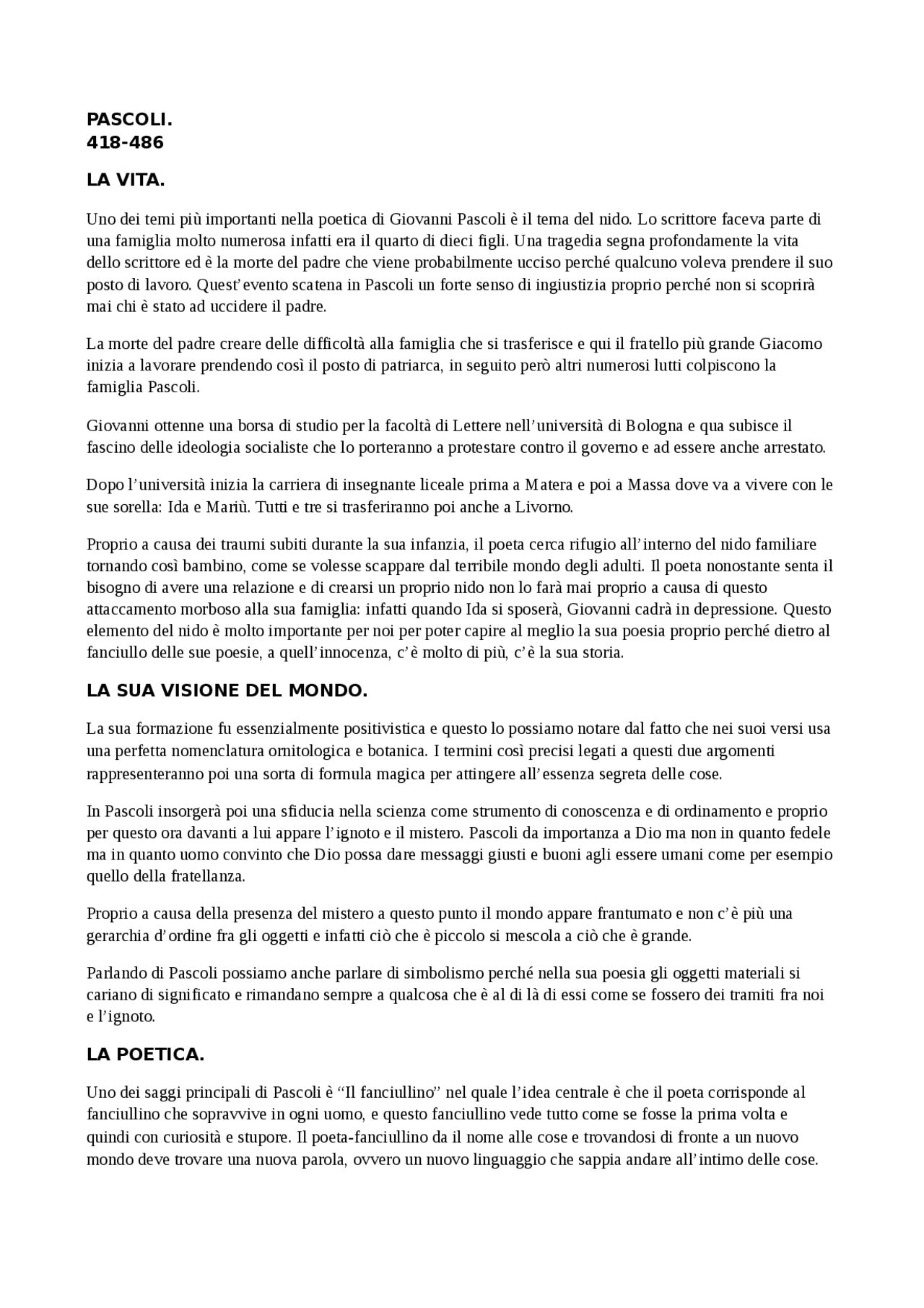 Riassunto Su Vita E Opere Di Pascoli Docsity
