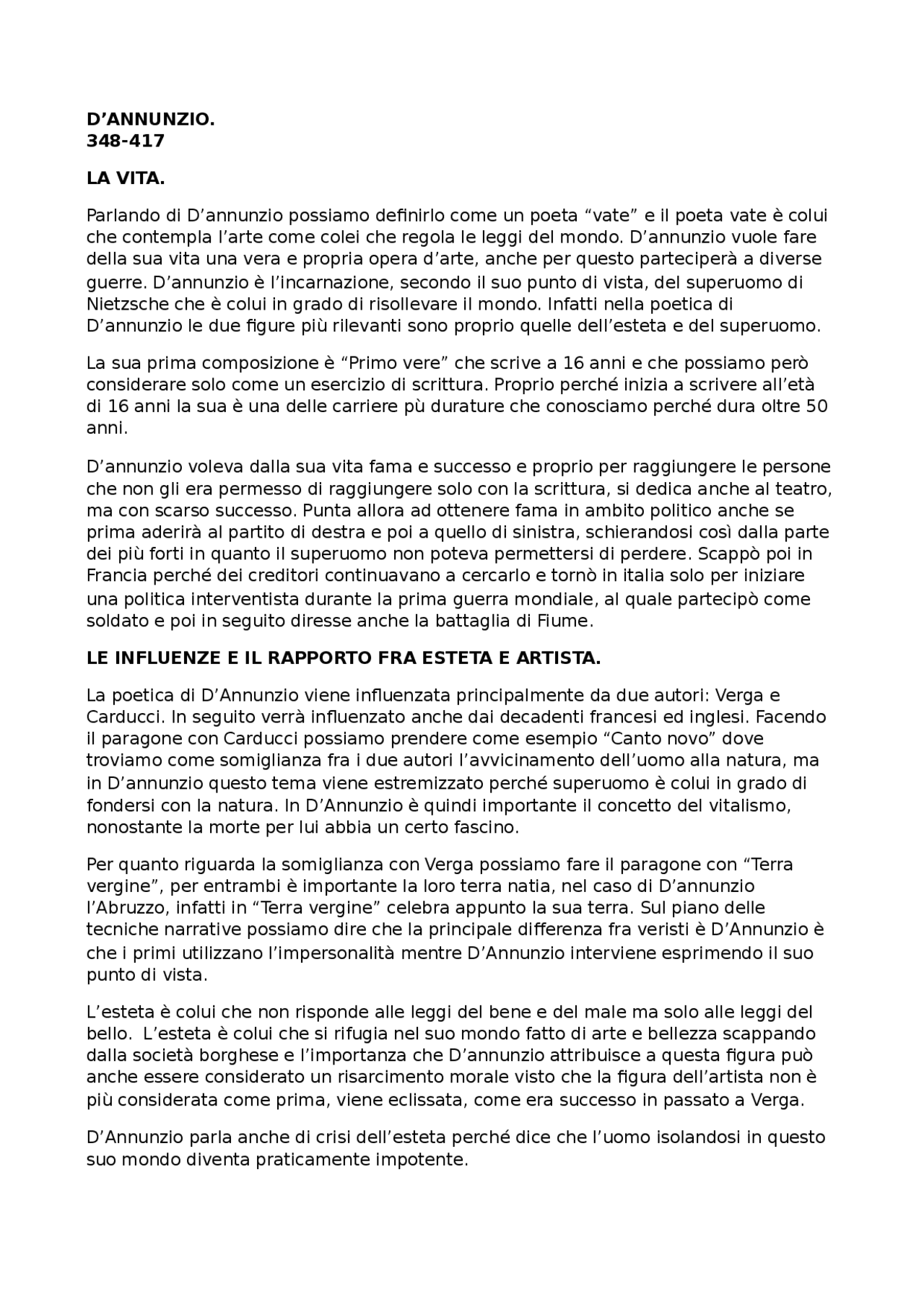 Riassunto Su Vita E Opere Di Dannunzio Docsity