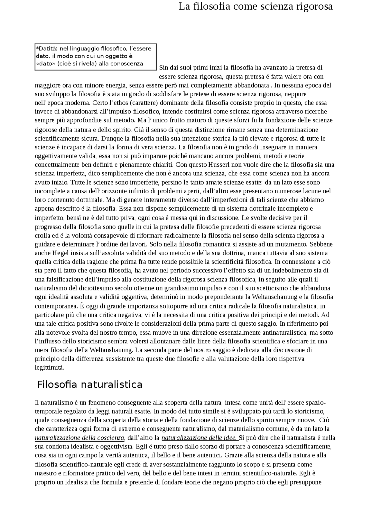 Husserl Filosofia Come Scienza Rigorosa Docsity