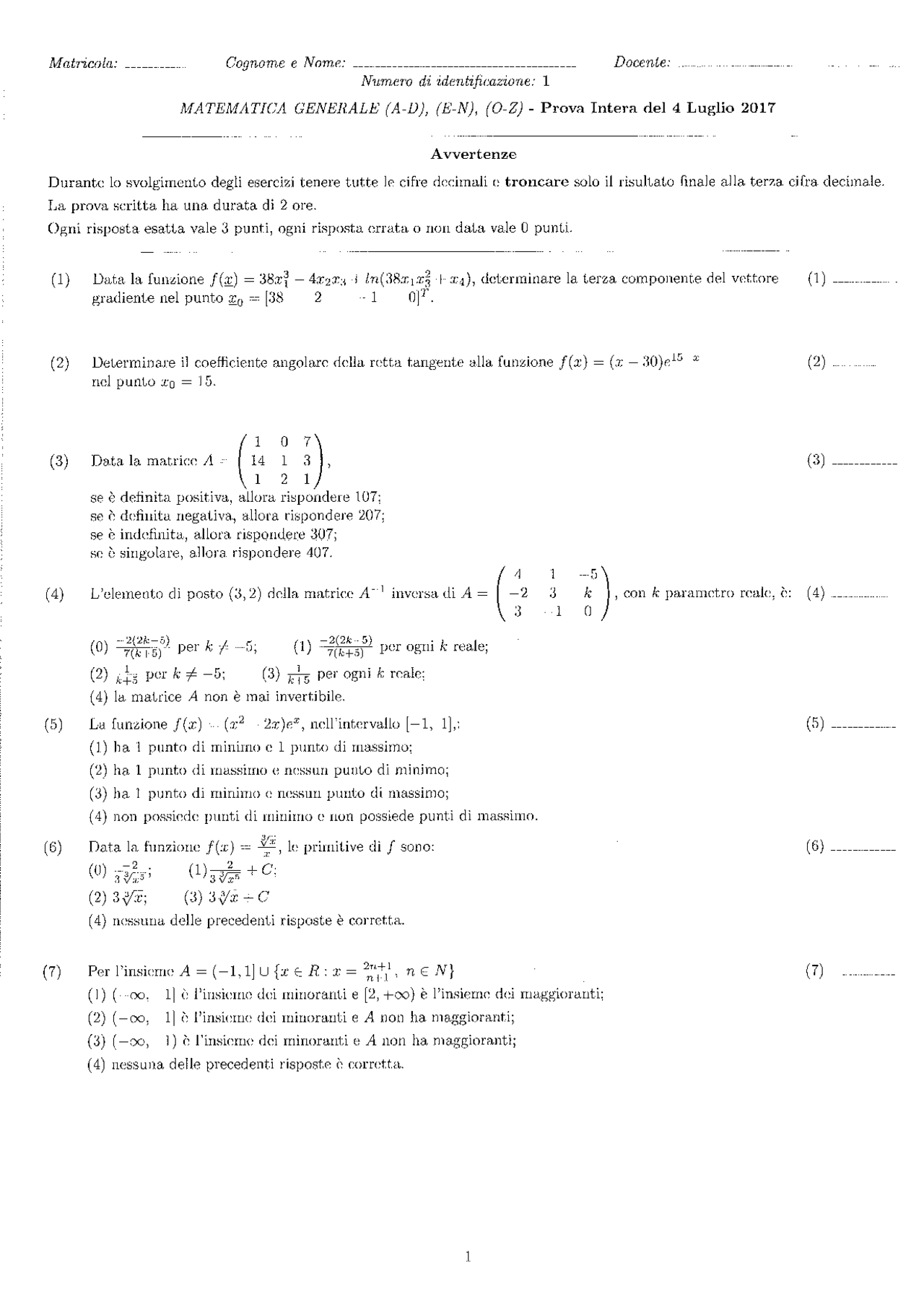 esame matematica generale | Prove d'esame di Matematica Generale | Docsity
