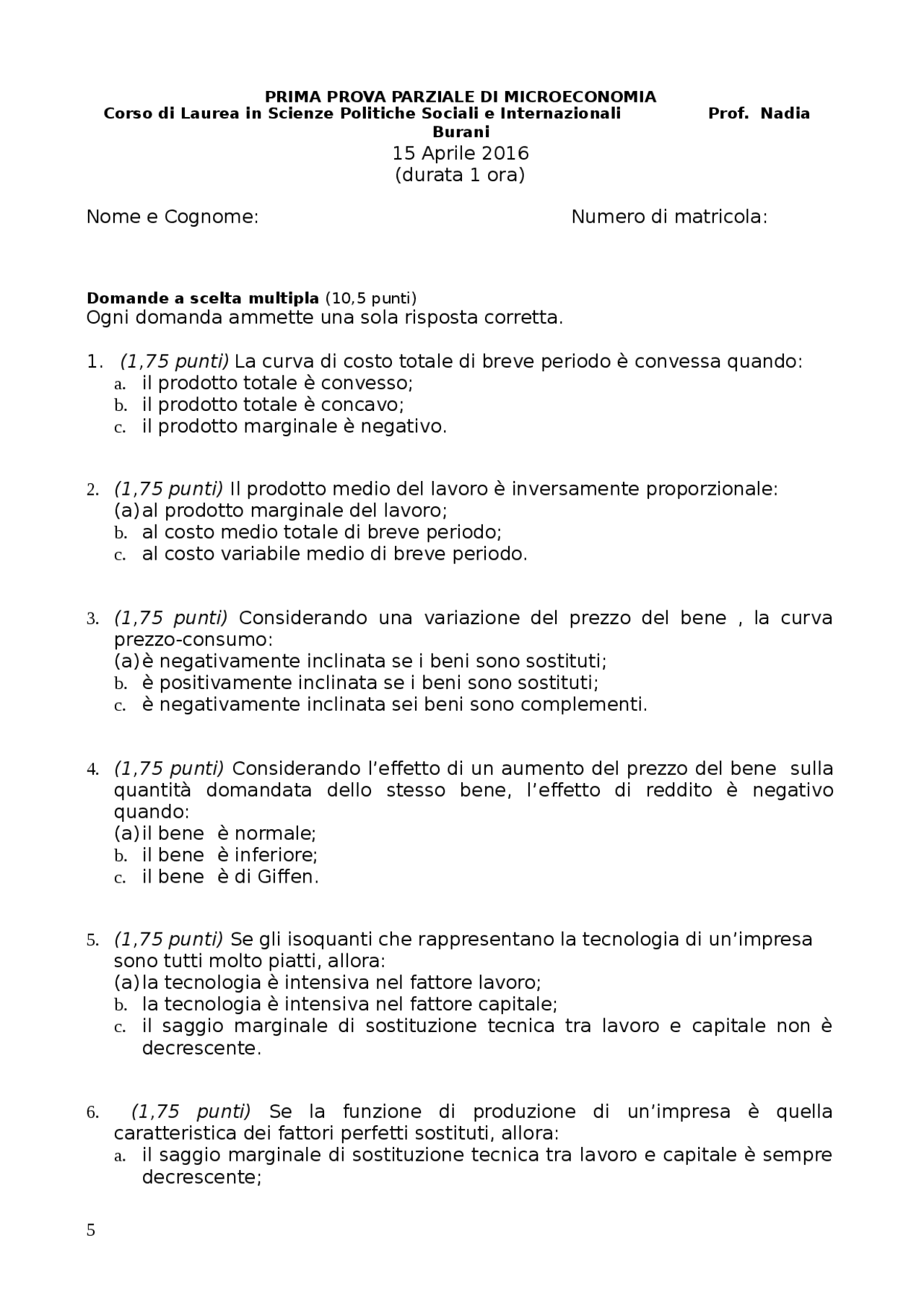 Esame Parziale Microeconomia Docsity