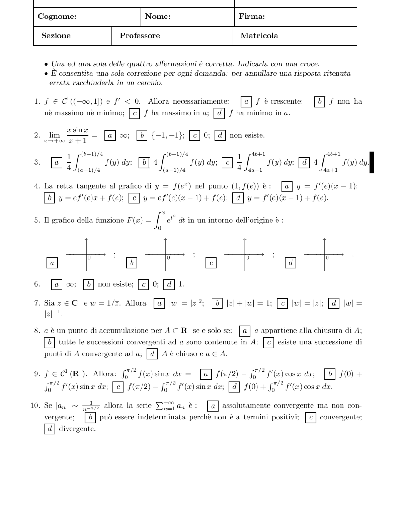 Analisi I Esami Passati Test Scelta Multipla Docsity