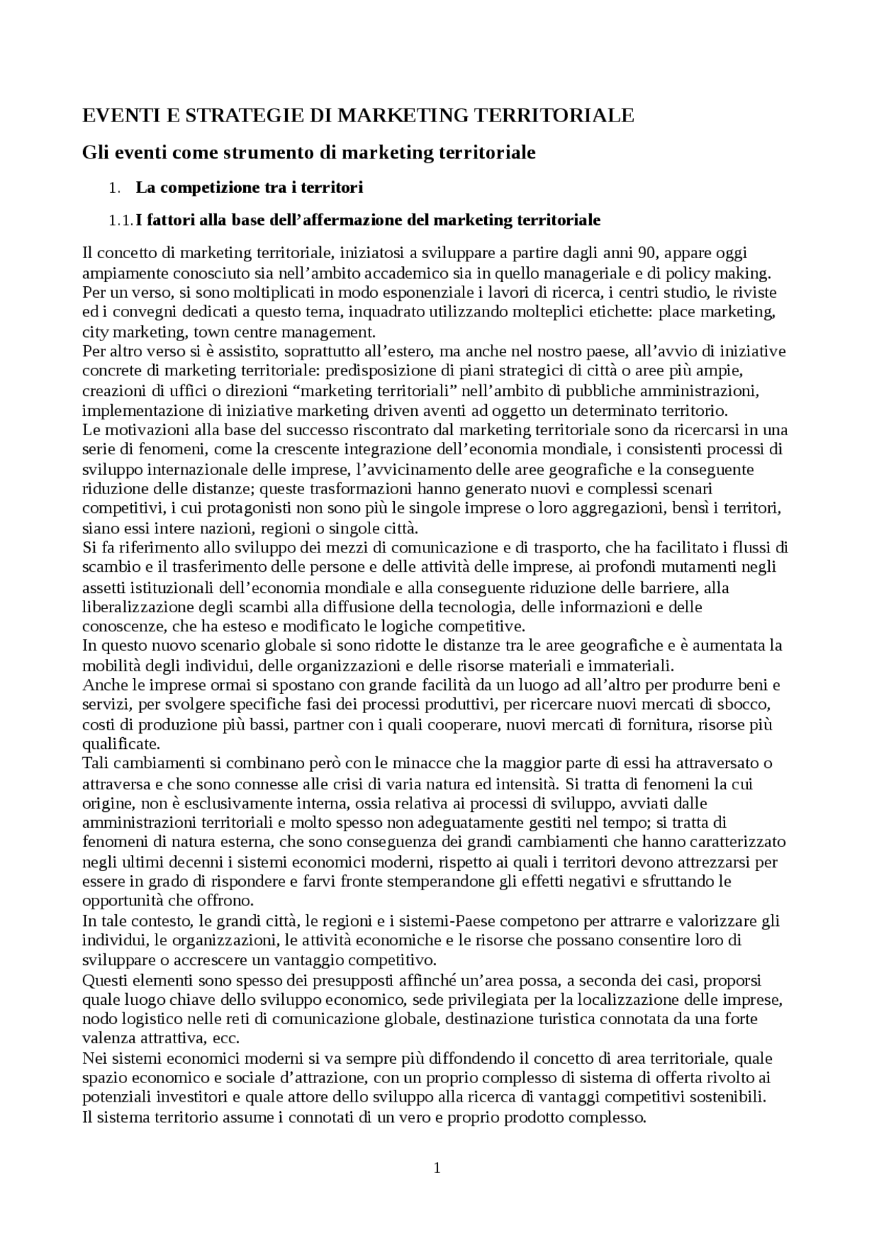 Eventi E Strategie Di Marketing Territoriale Appunti Di Turismo Docsity