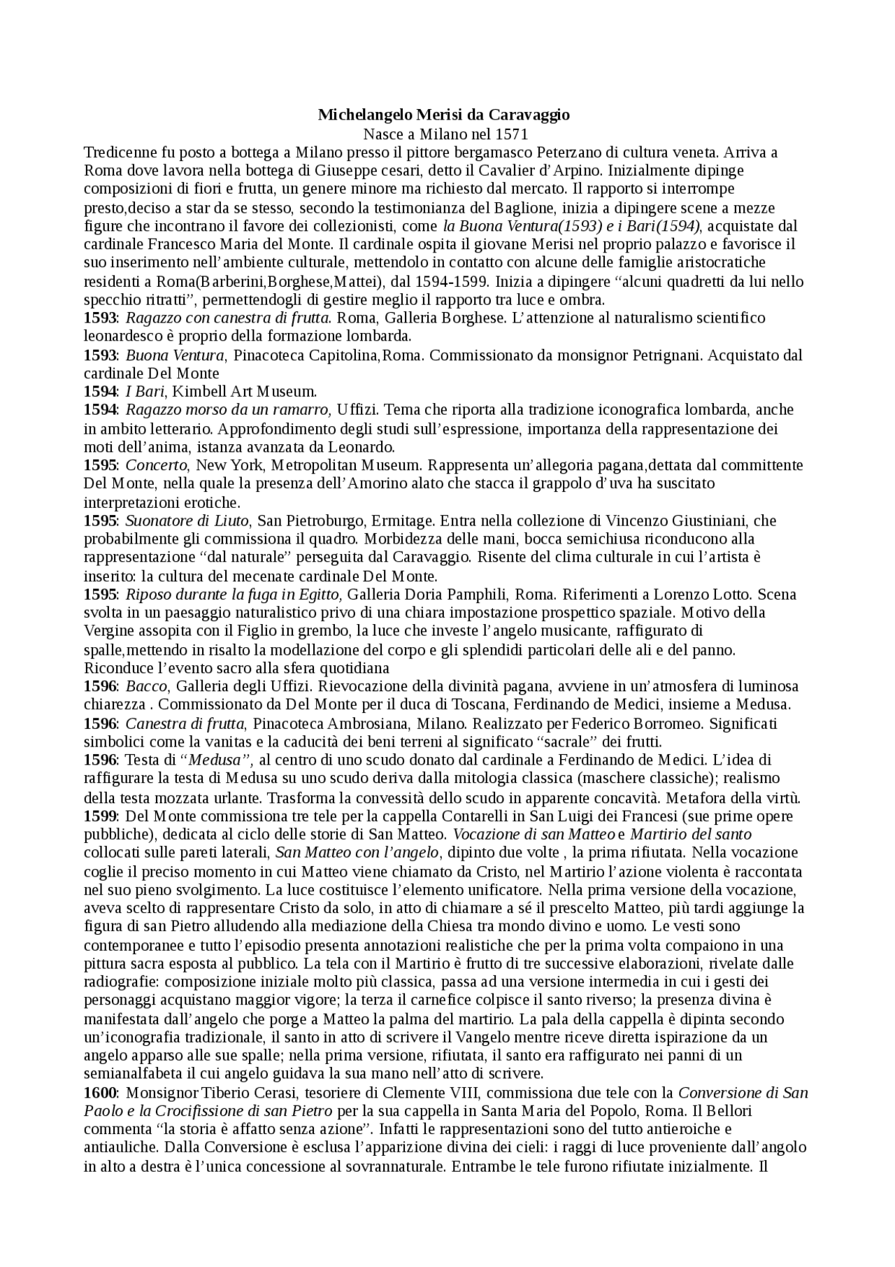 Vita e opere di Michelangelo Merisi, Caravaggio - Docsity