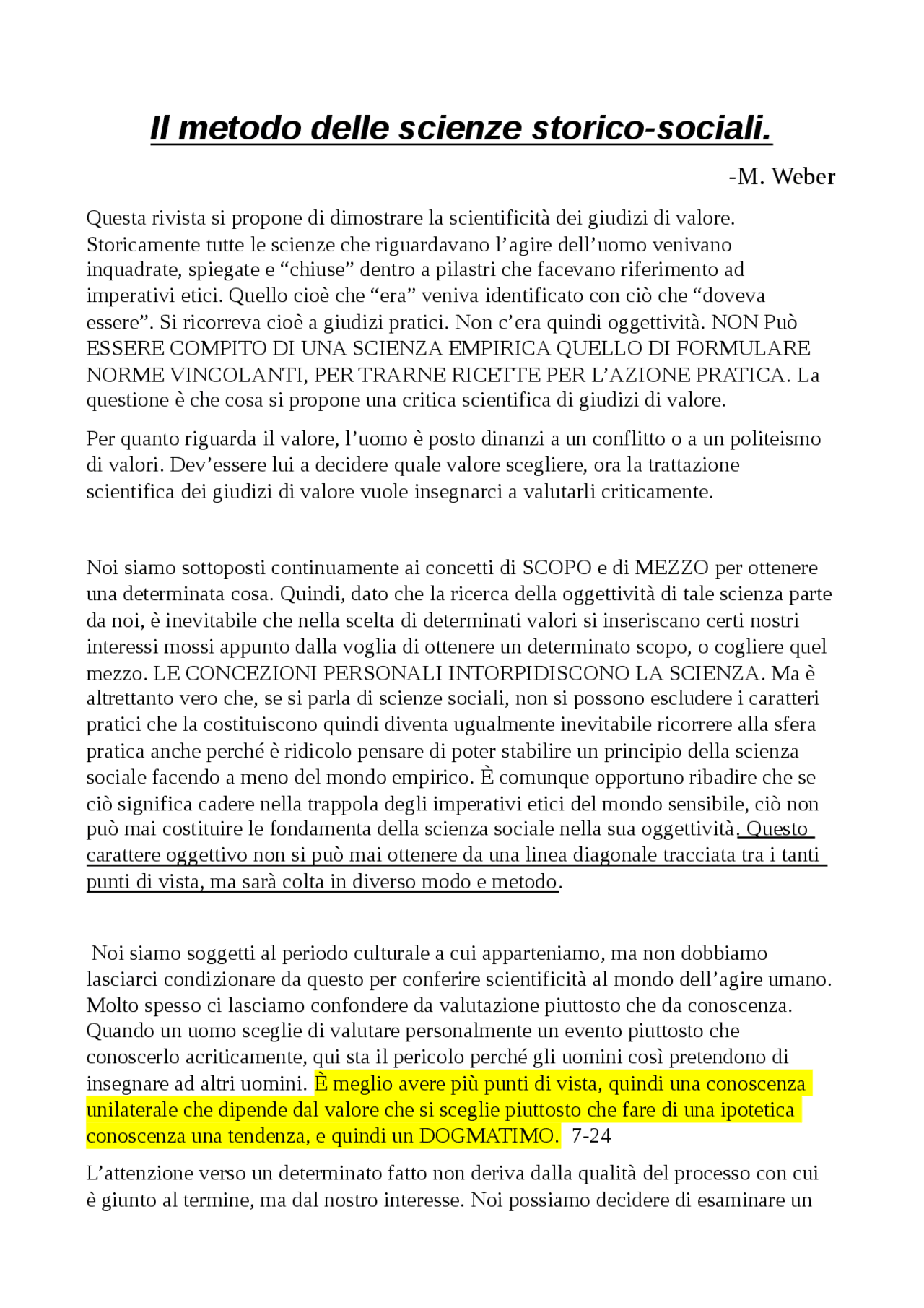 Il Metodo Delle Scienze Storico Sociali Max Weber Sintesi Docsity