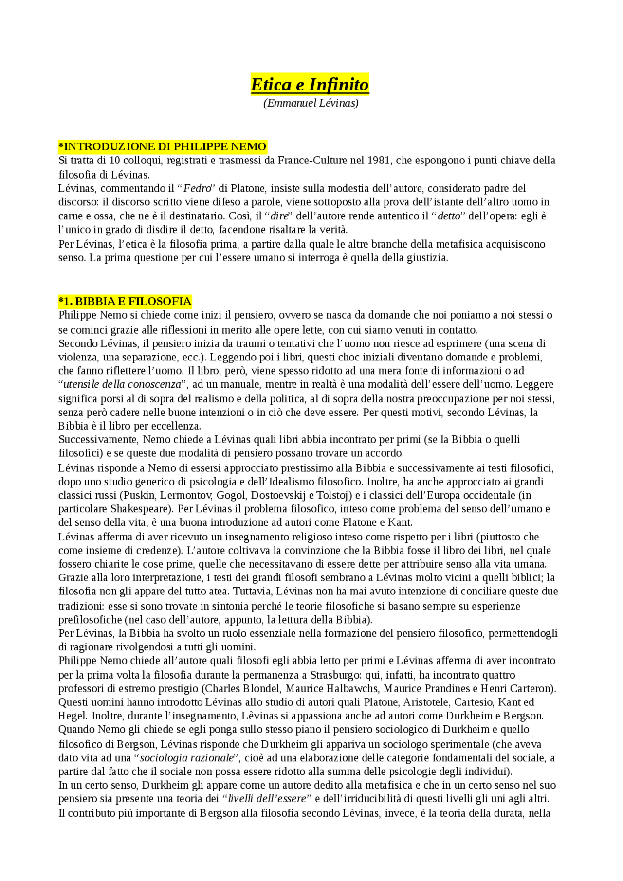 Riassunto Etica E Infinito Lévinas Prof Riva Docsity