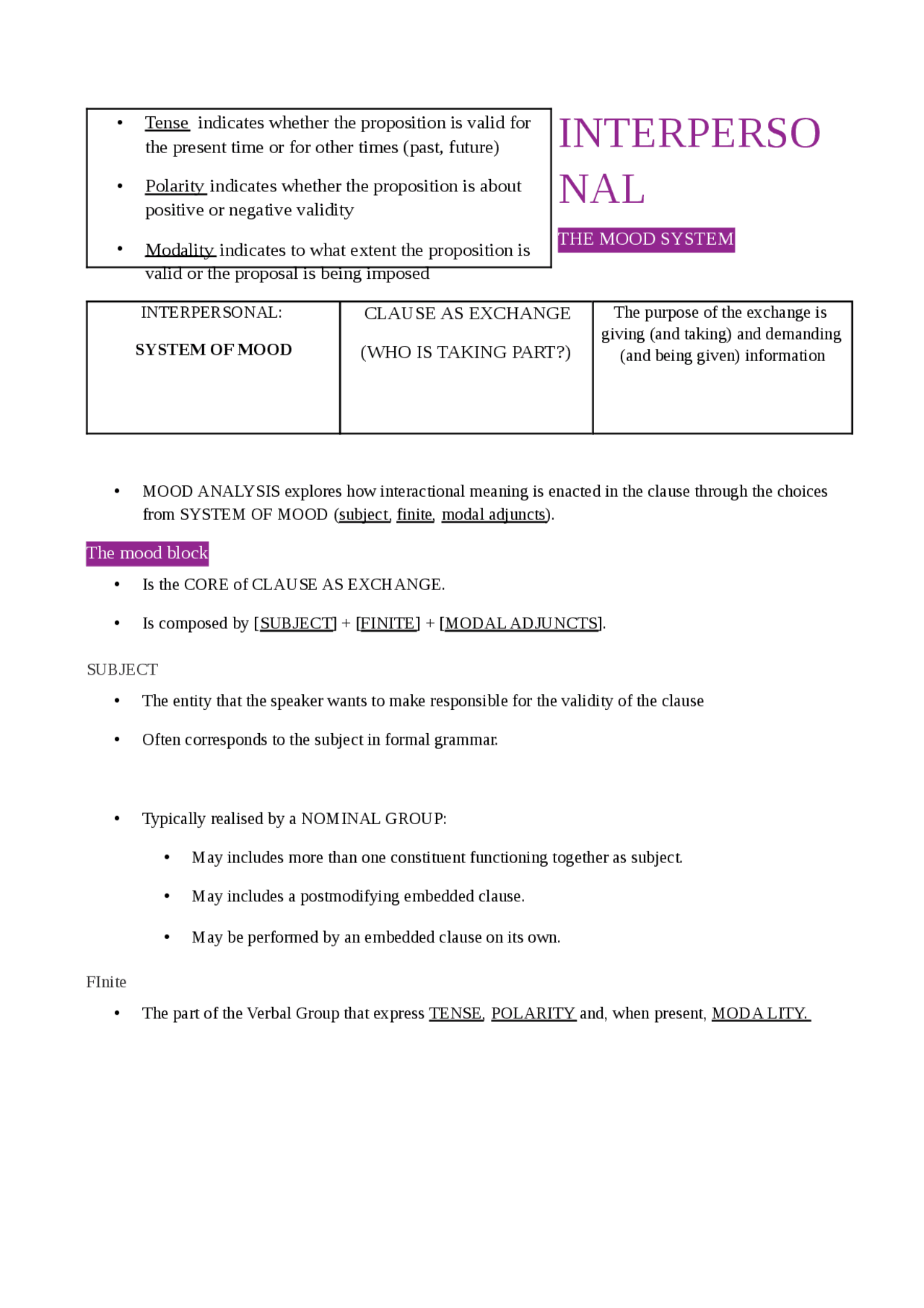 Lingua E Linguistica Inglese 1 Functional Grammar Interpersonal
