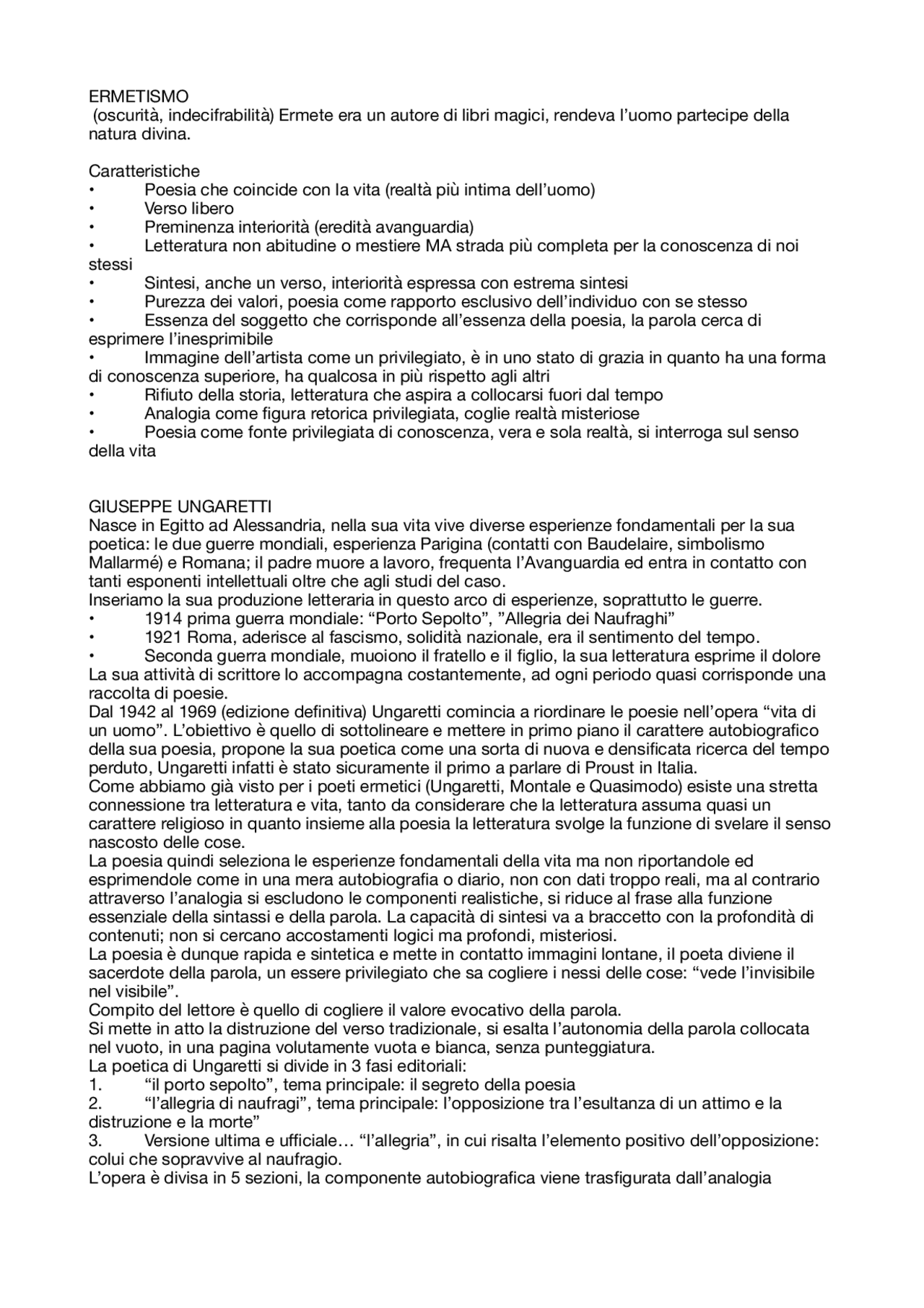 Ermetismo E Ungaretti Docsity