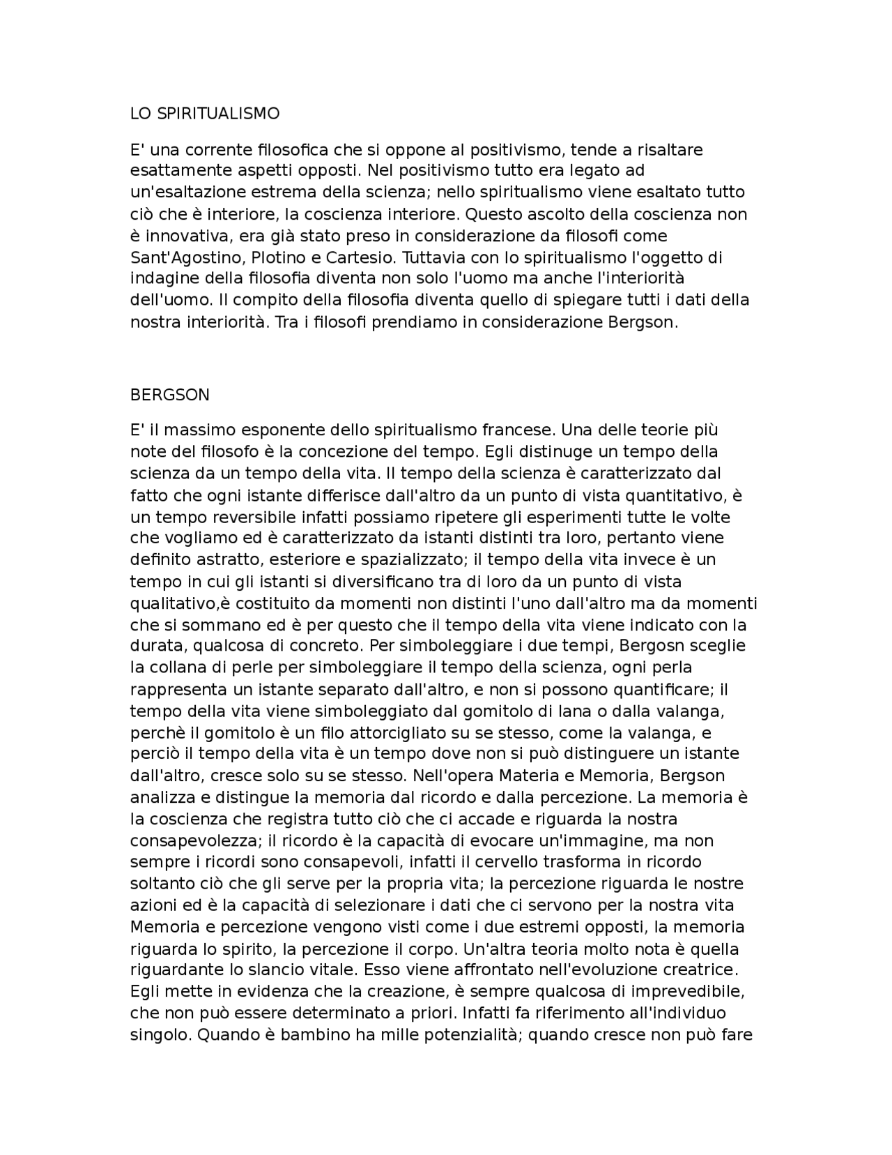 Spiritualismo e bergson | Appunti di Filosofia | Docsity