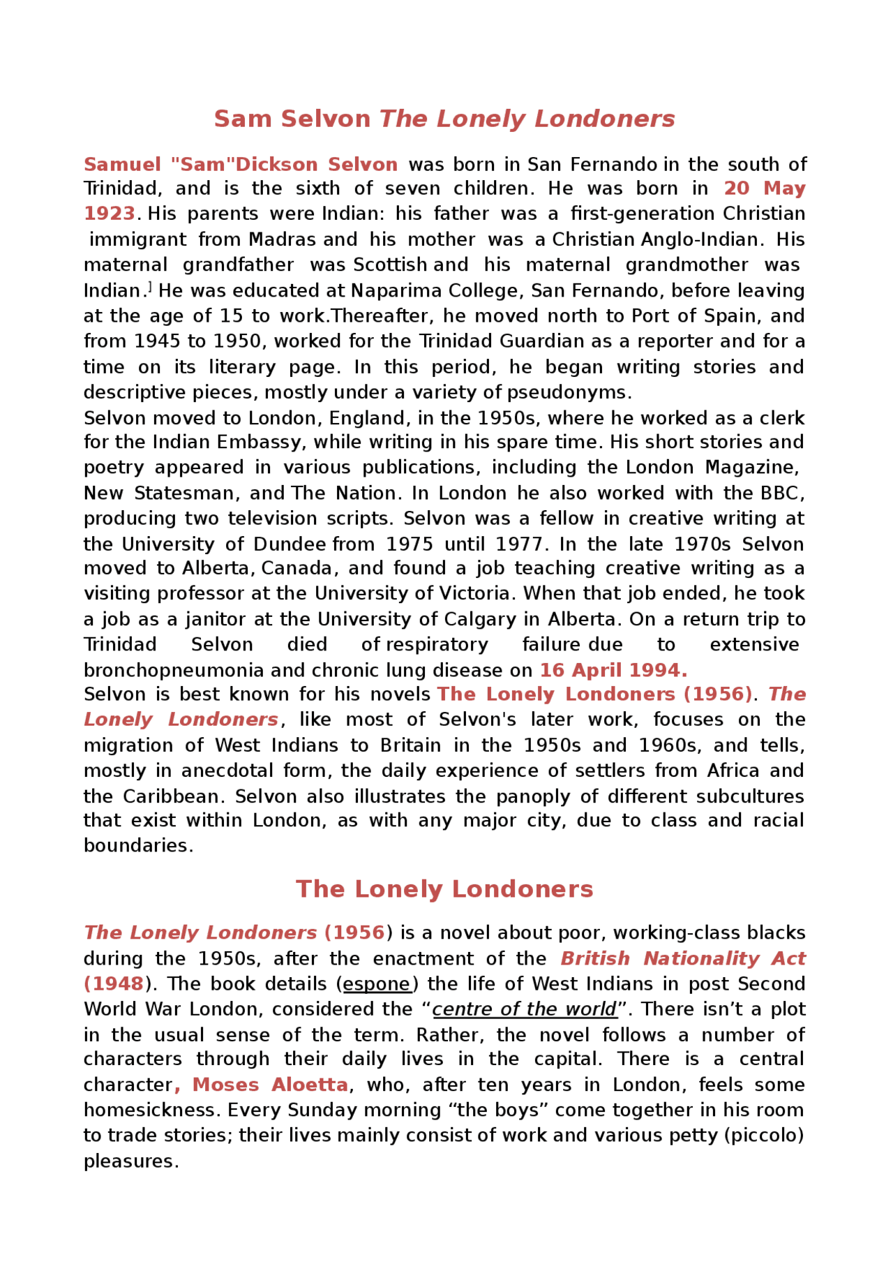 Sam selvon the lonely londoners - Docsity