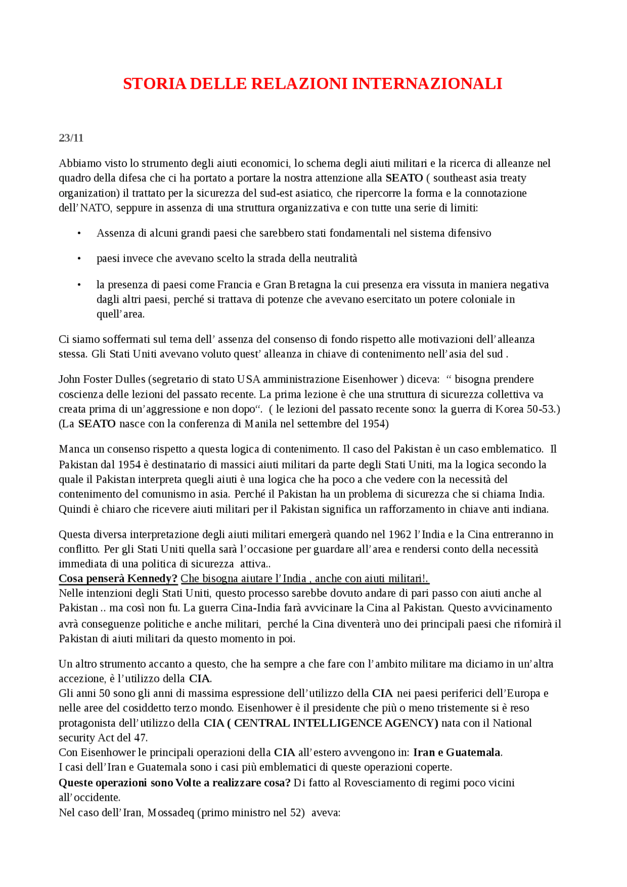 Storia Delle Relazioni Internazionali Docsity