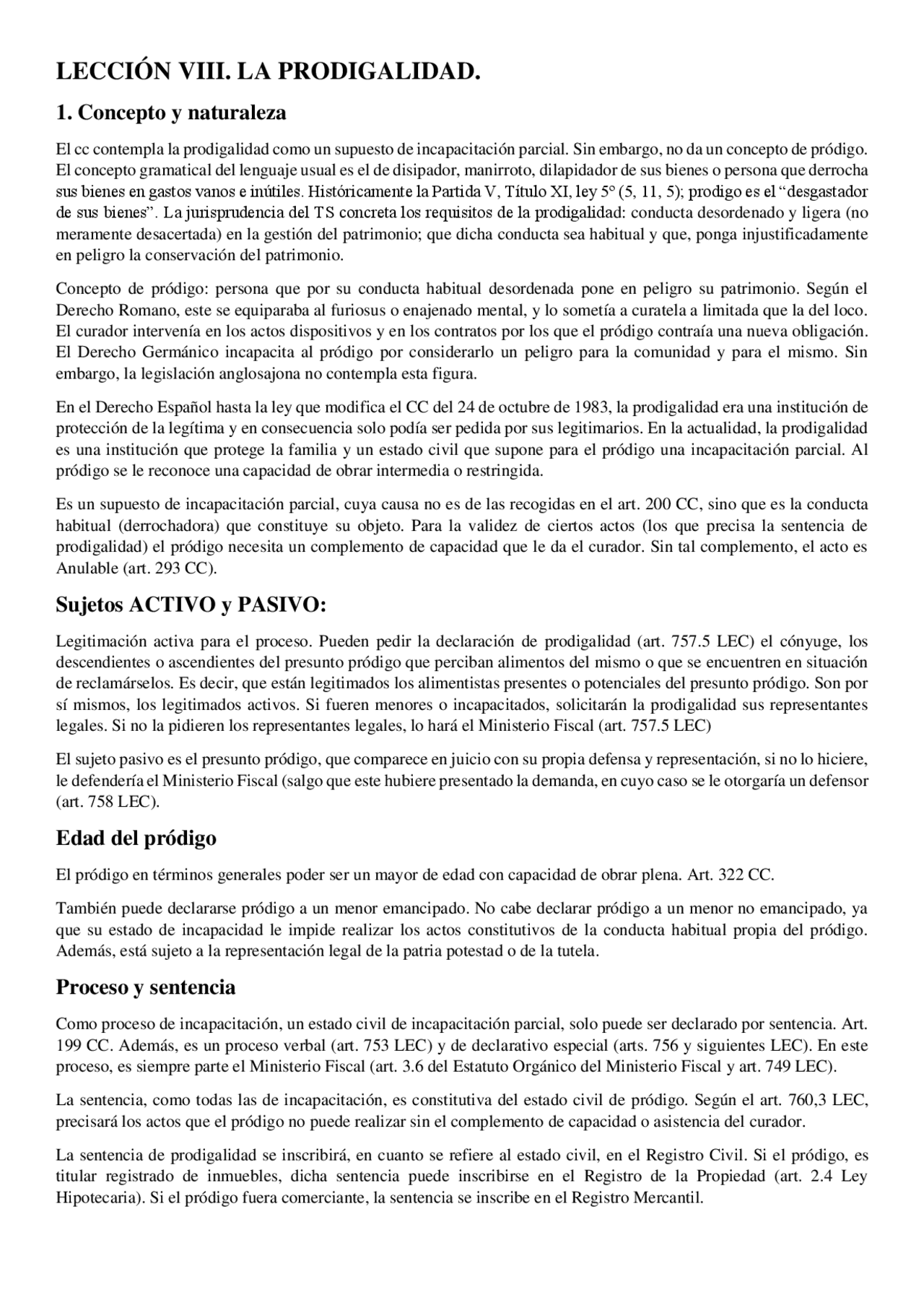 Derecho Civil I. La prodigalidad. - Docsity