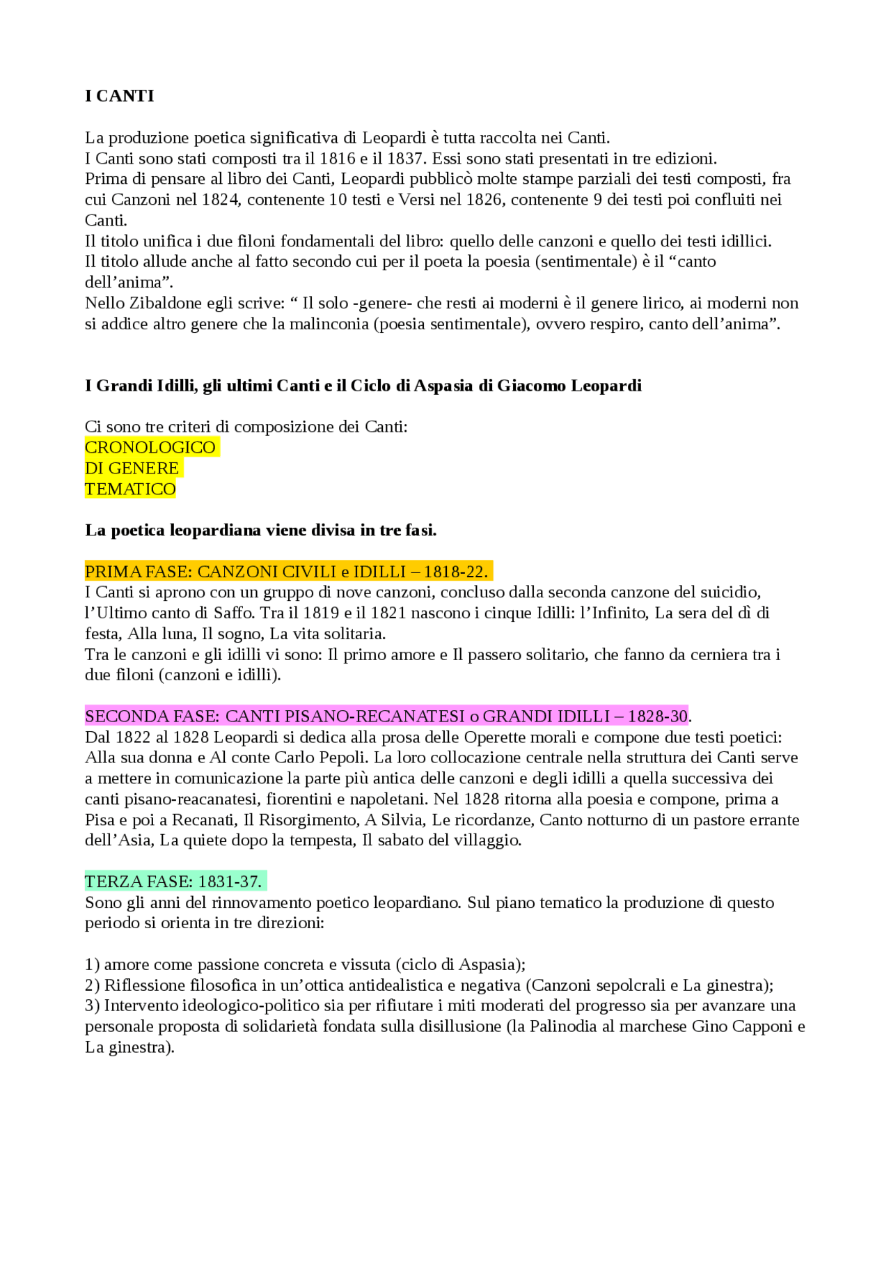 Riassunto Sui Canti Di Giacomo Leopardi Docsity