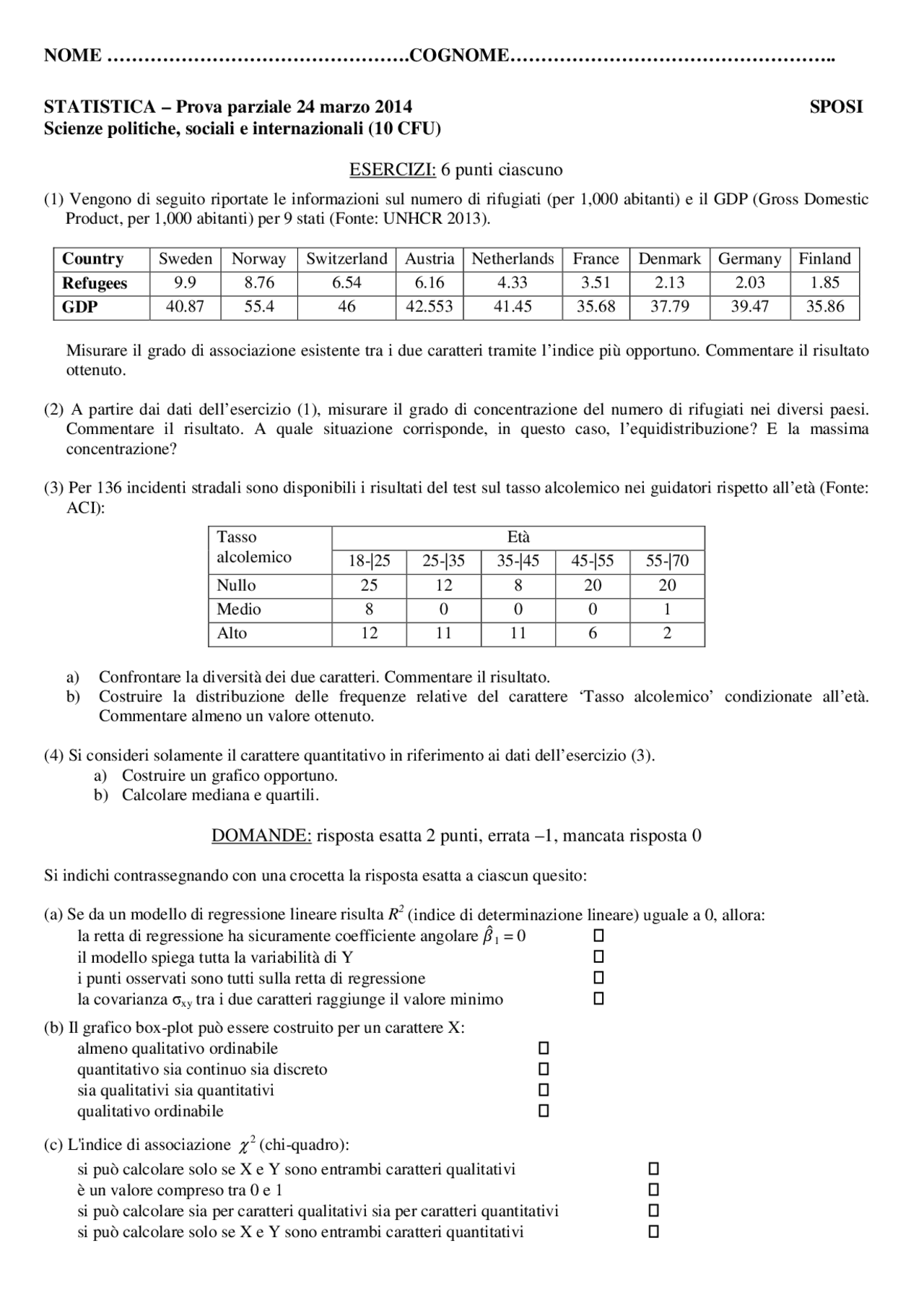 Prova Desame Statistica Docsity
