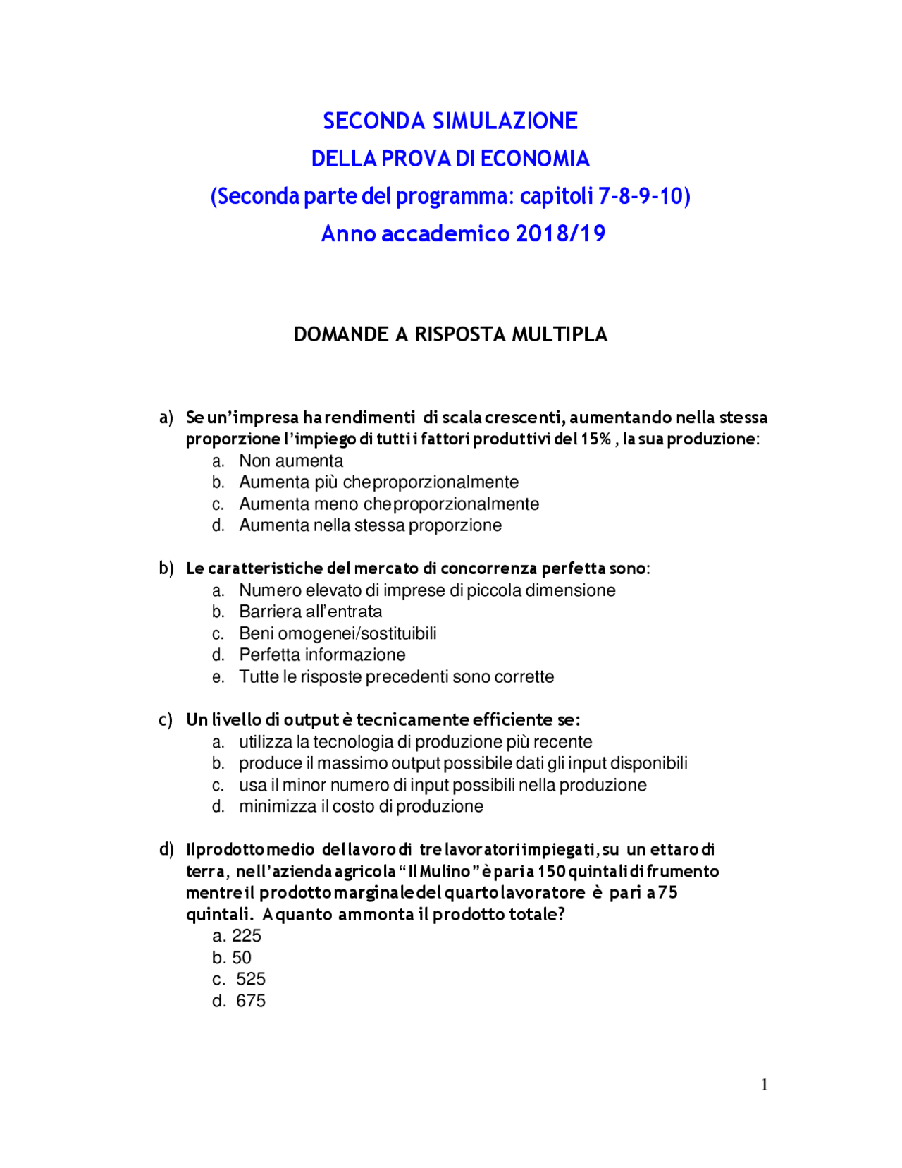 Seconda Simulazioni Esame Microeconomia Docsity