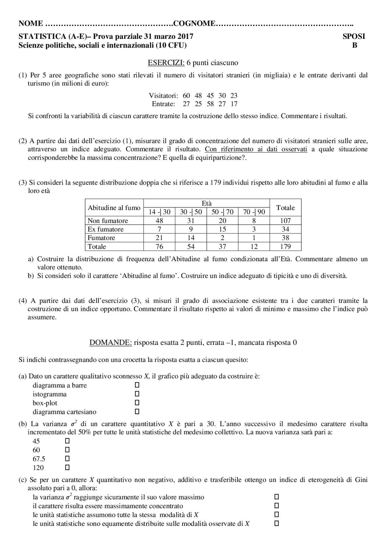 Prova Desame Statistica Roli Docsity
