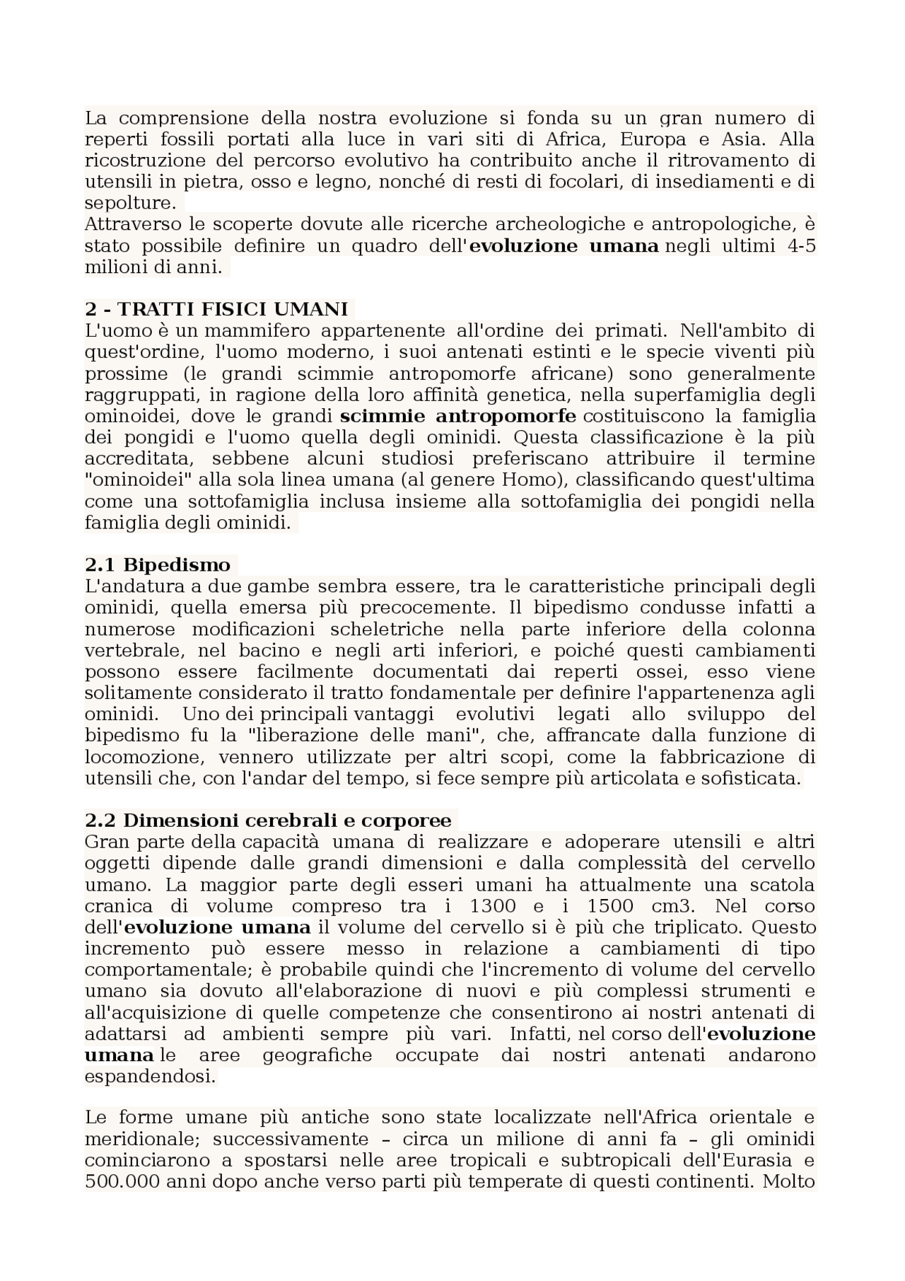 Appunti Storia Evolutiva Docsity