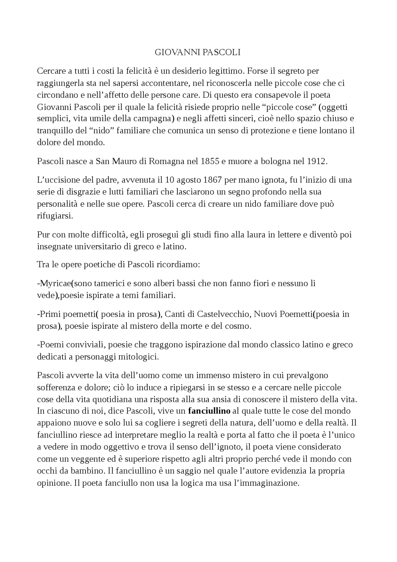 Appunti Giovanni Pascoli Docsity