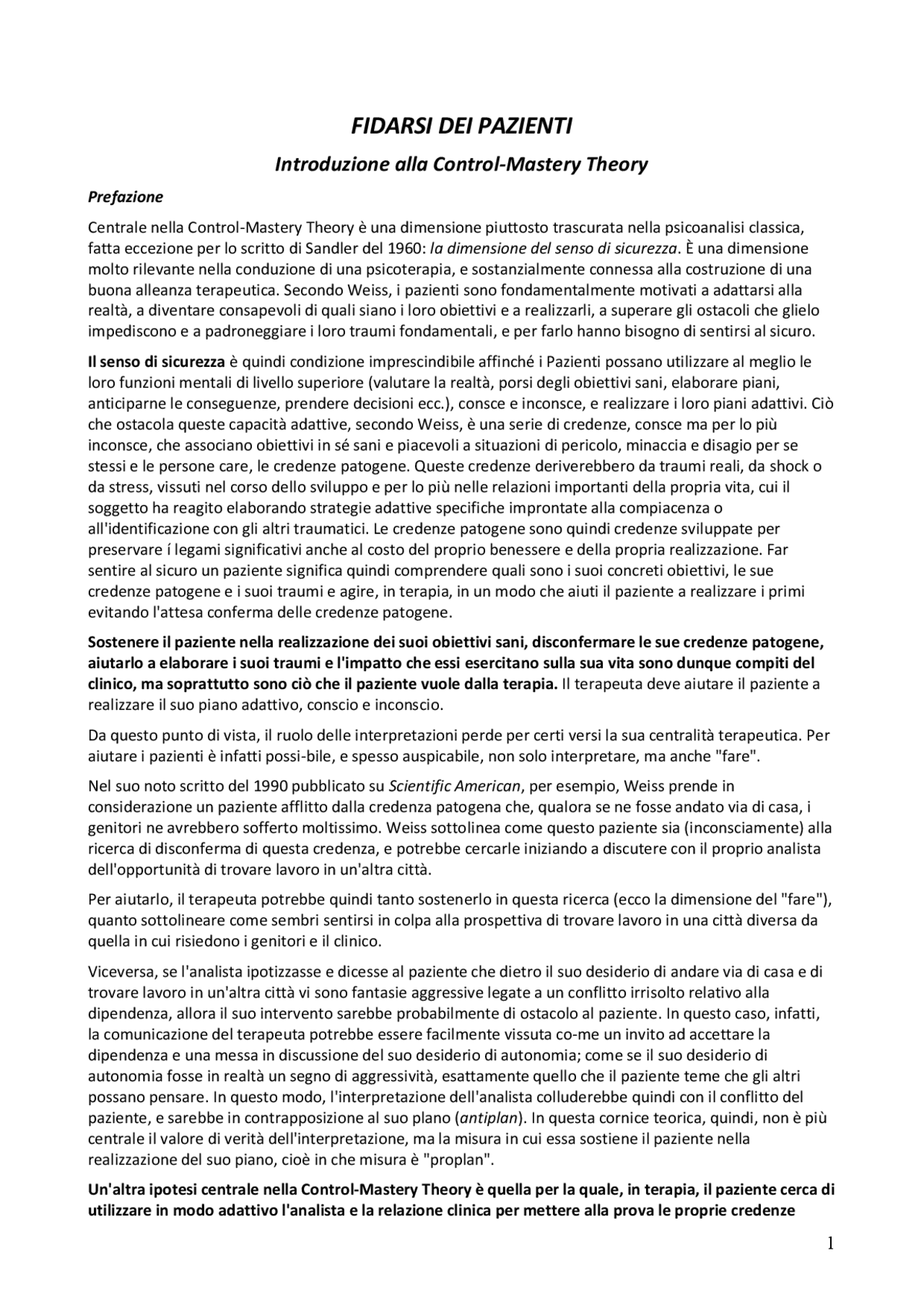 Riassunto "Fidarsi dei pazienti. Introduzione alla Control-Mastery Theory". - Docsity