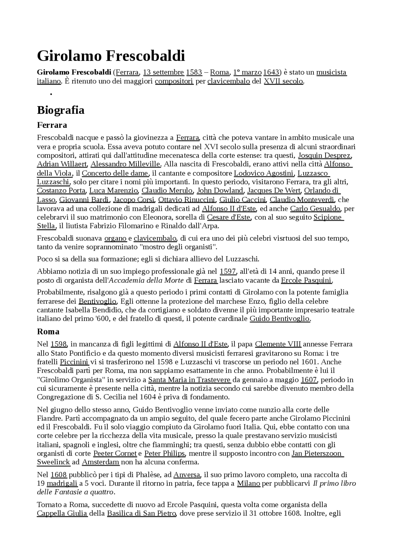 Biografia Girolamo Frescobaldi Docsity