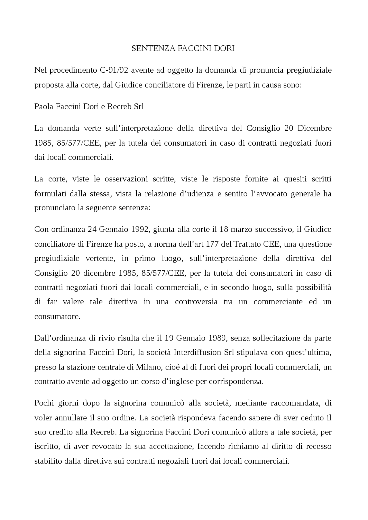 Analisi Sentenza Faccini Dori Docsity