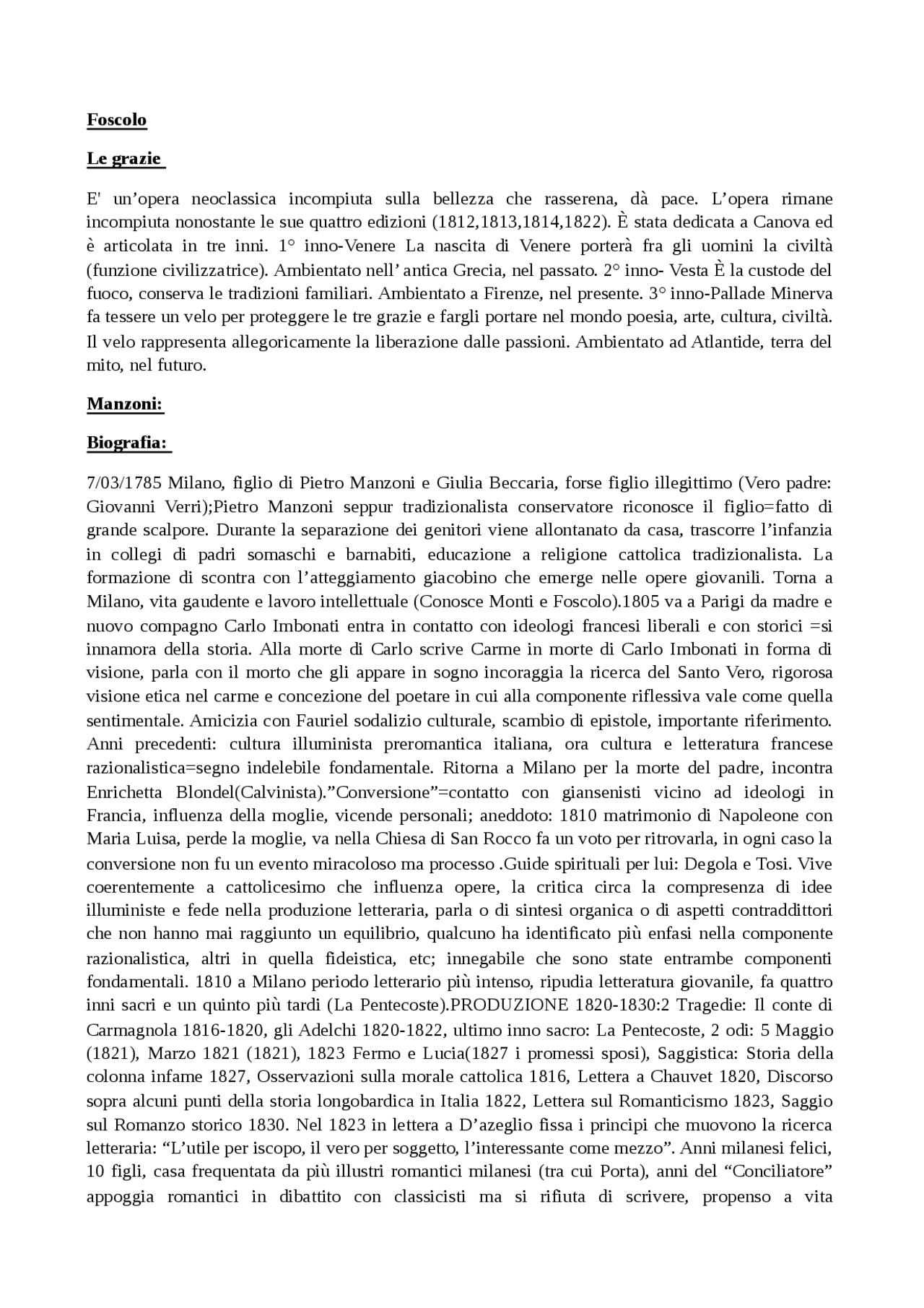 Appunti Ugo Foscolo E Alessandro Manzoni Prof Boscaino Vivona