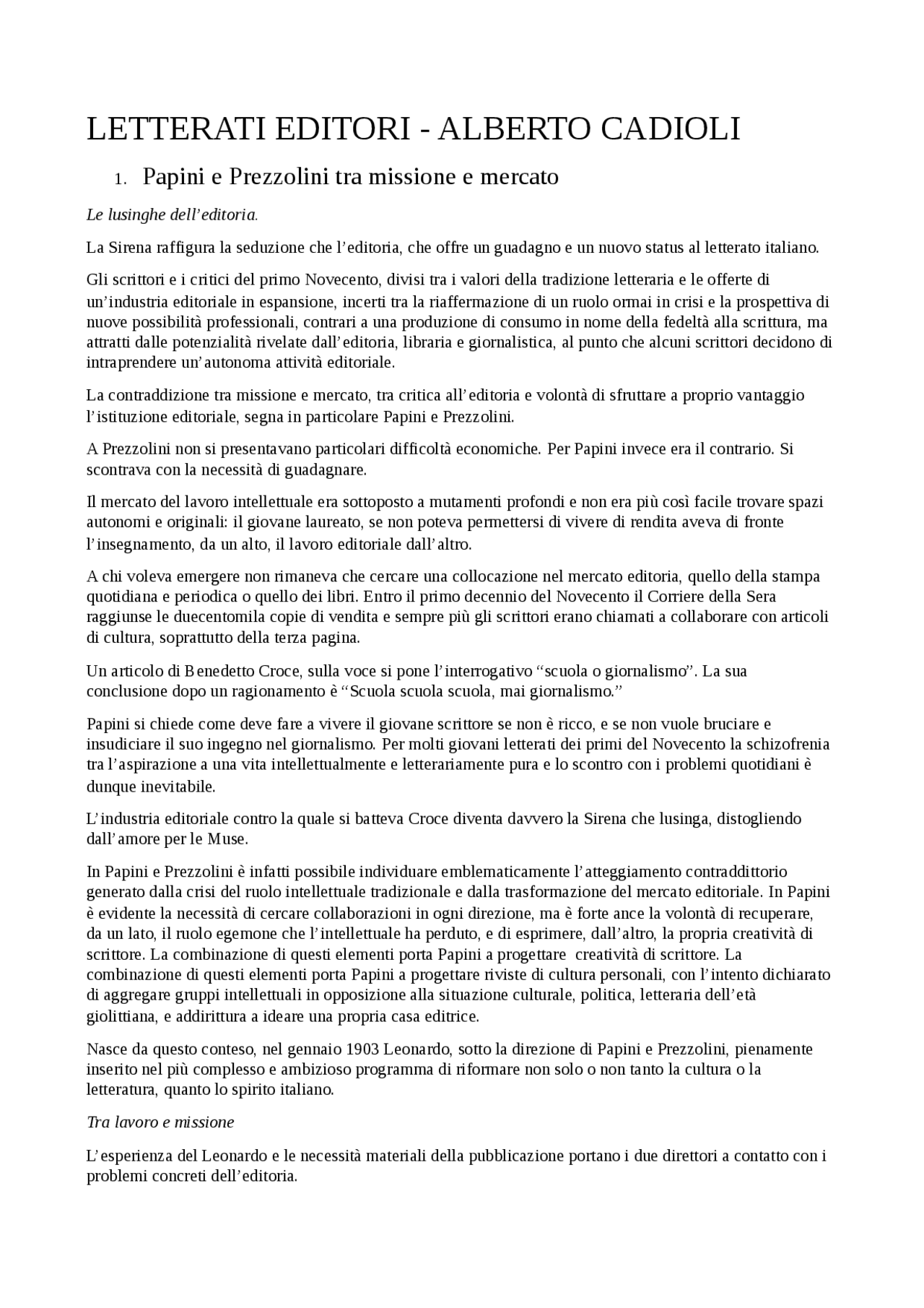 Letterati Editori Cadioli Docsity