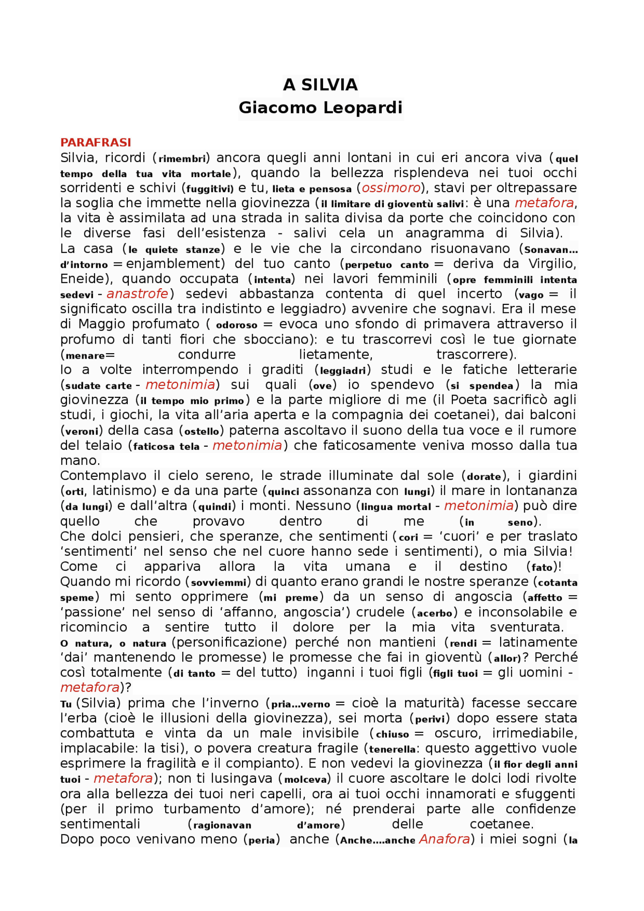 A Silvia Giacomo Leopardi Docsity