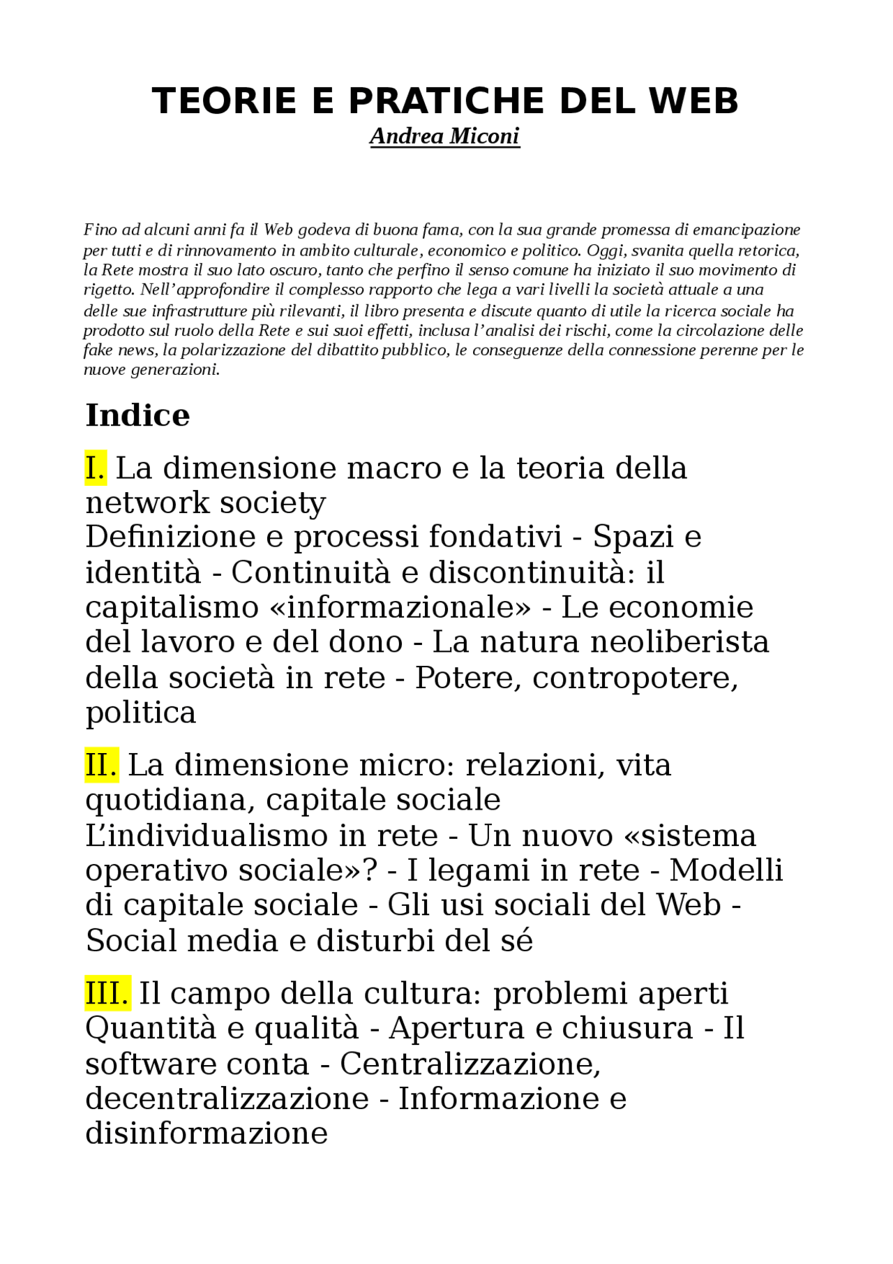 Teorie E Pratiche Del Web A Miconi Sintesi Del Corso Di