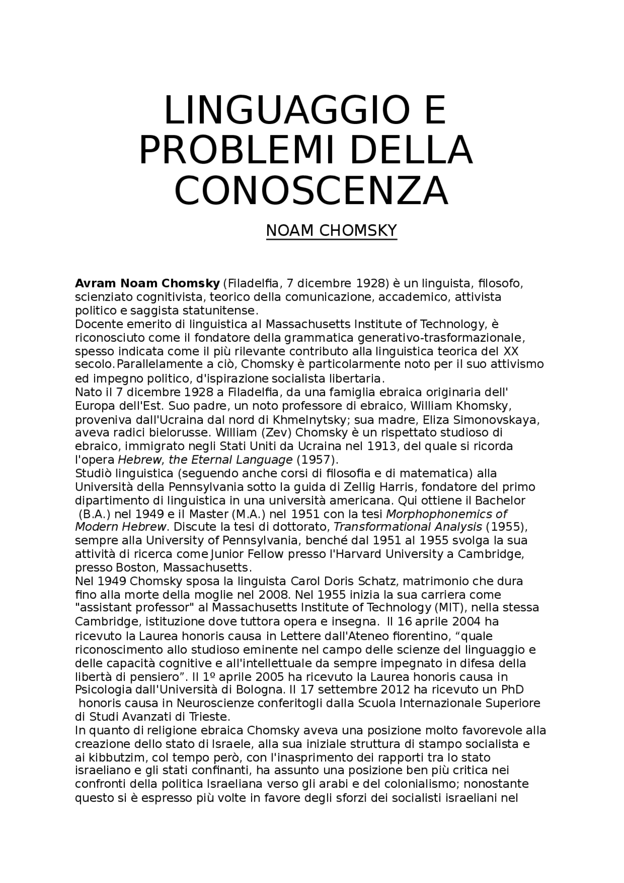 Linguaggio E Problemi Della Conoscenza Noam Chomsky Docsity